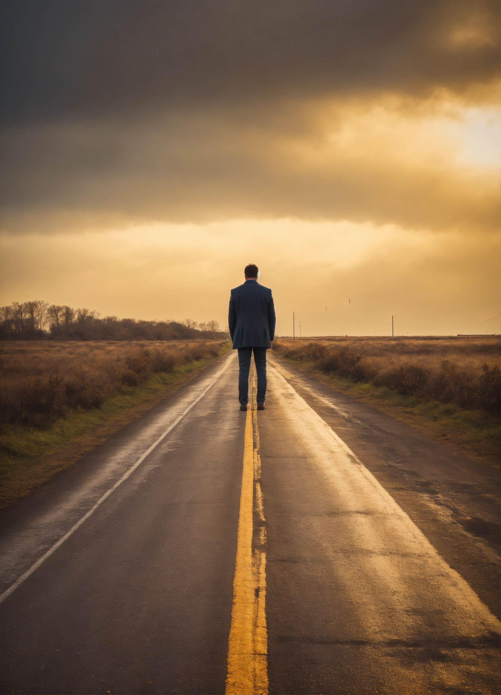 Lexica - The back of one man standing on the left side of an empty road ...