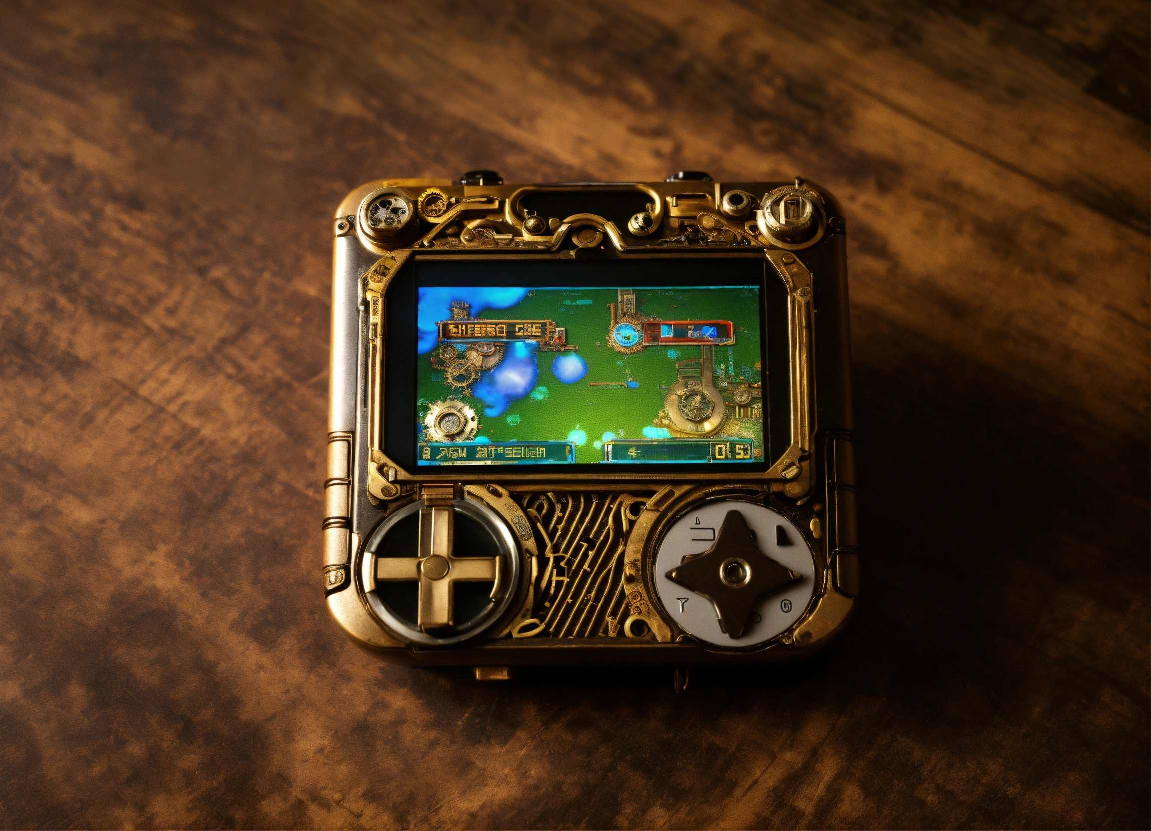 Lexica - Micro handheld gaming device, screen in center, steampunk ...