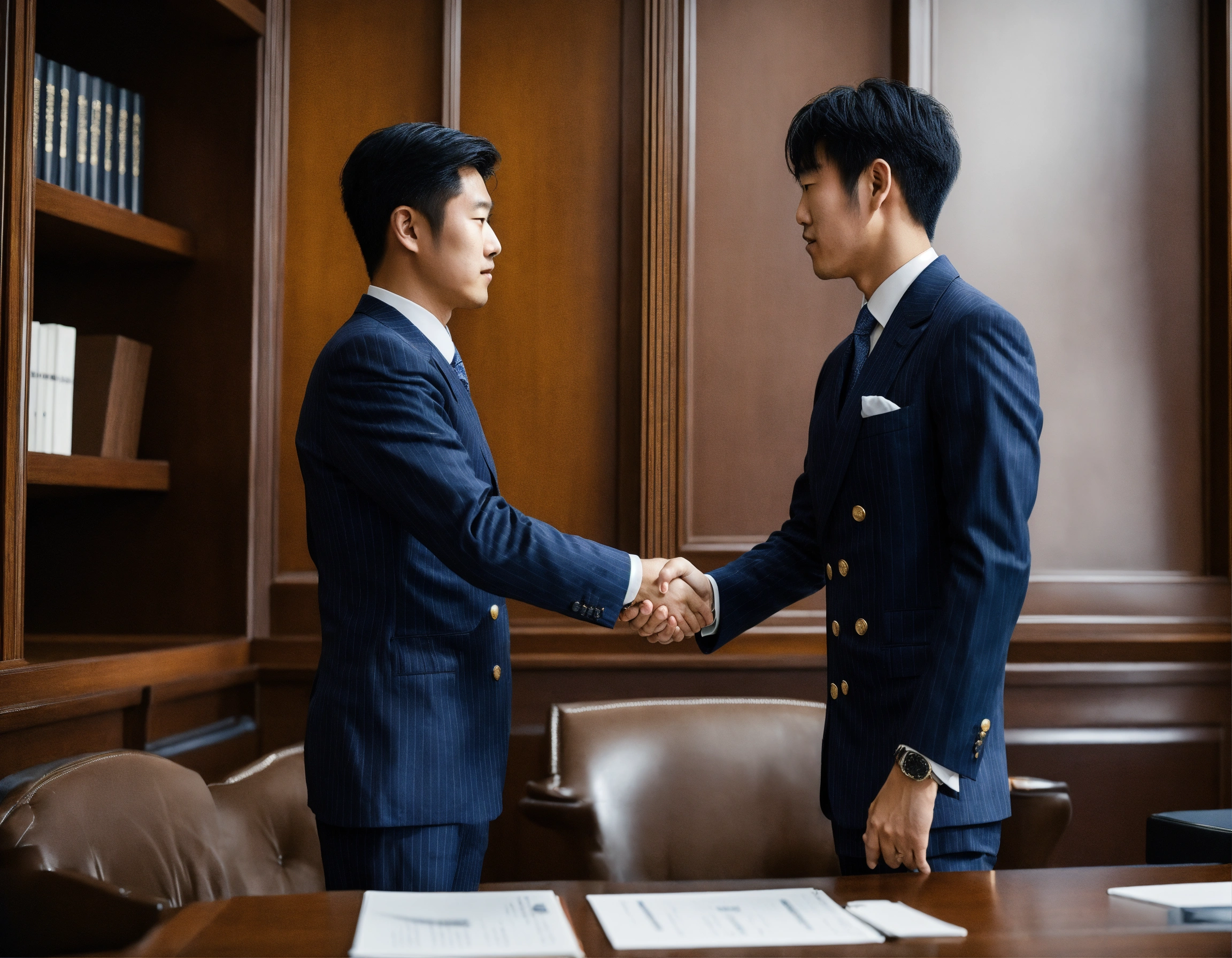 Lexica - Two young Japanese male lawyers in navy blue pinstripe double ...