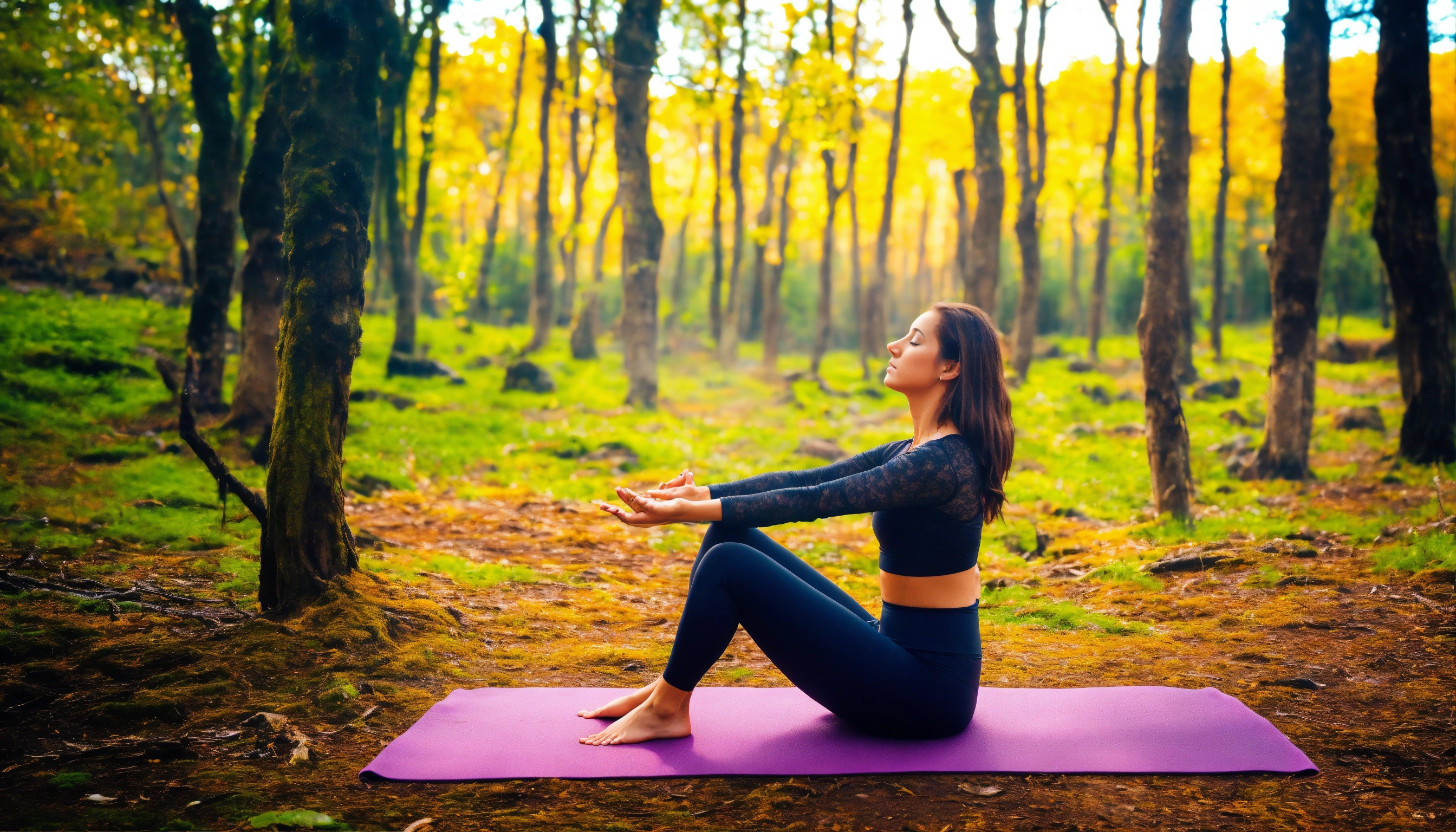 Lexica - Maiden doing yoga in a magic forest, poses, perfect face