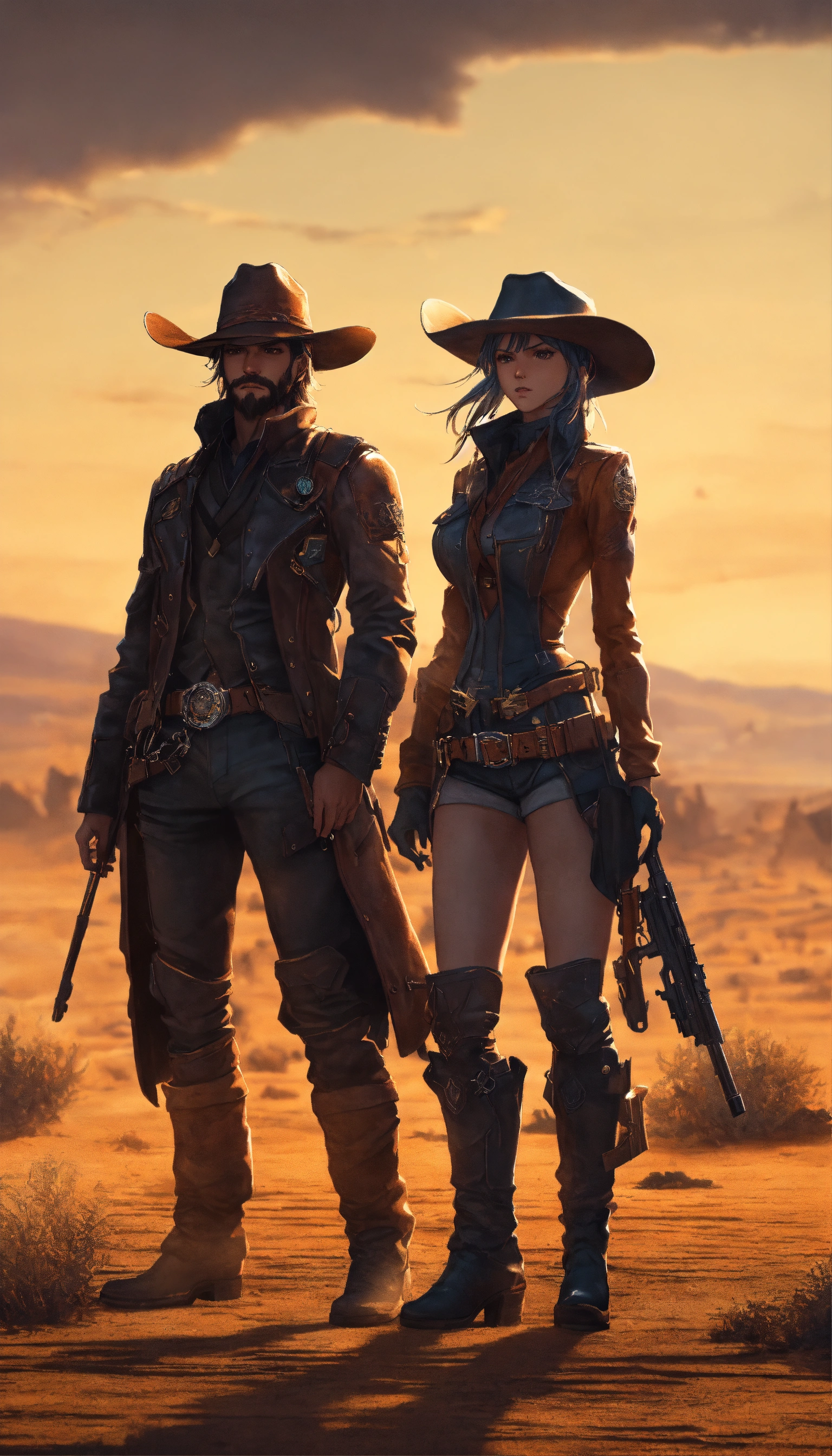 Lexica - Anime art,A outlaw and a cowgirl, dressed in dusty leather ...