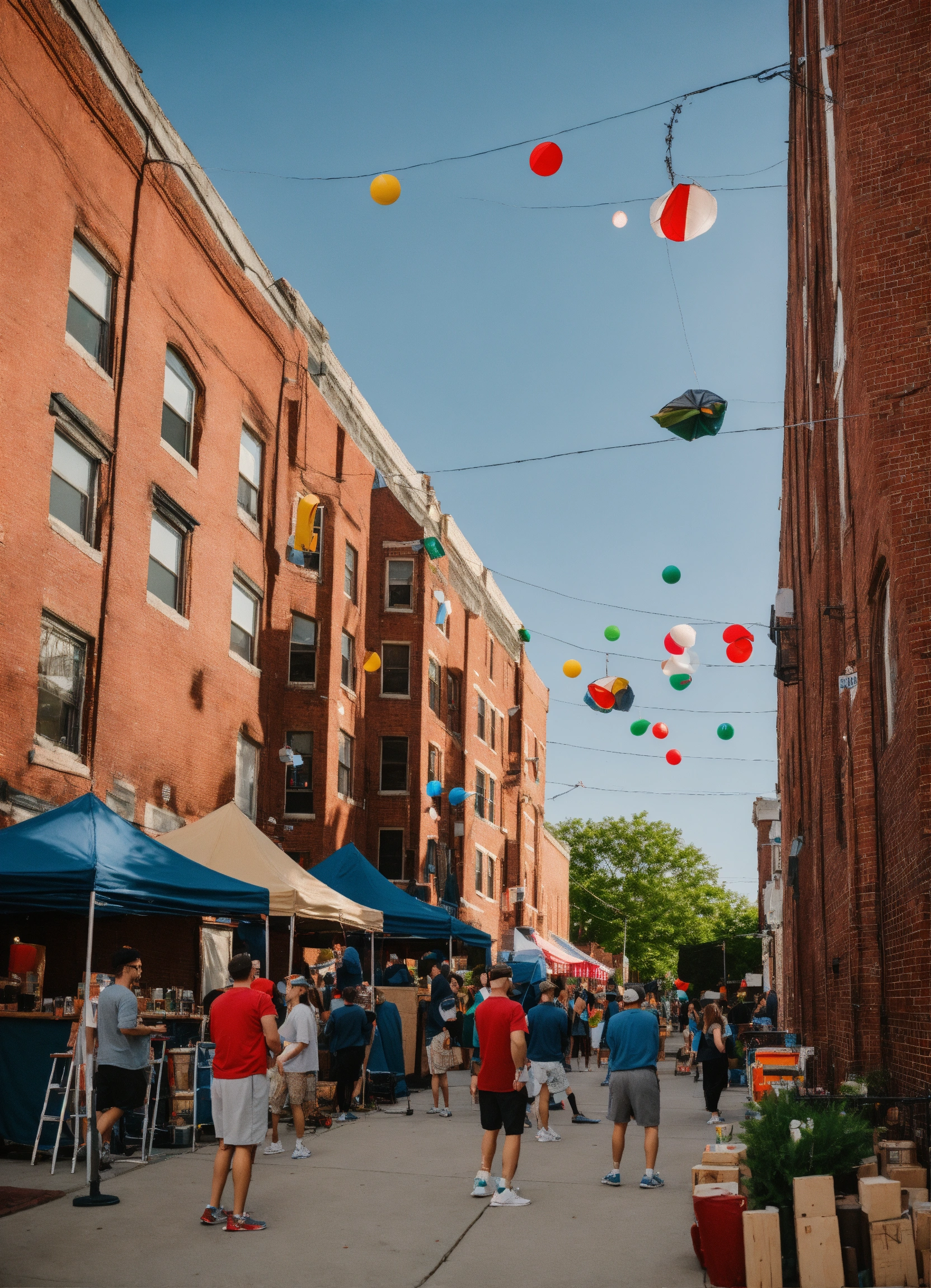Lexica - Block party scene on a street, red brick buildings in ...