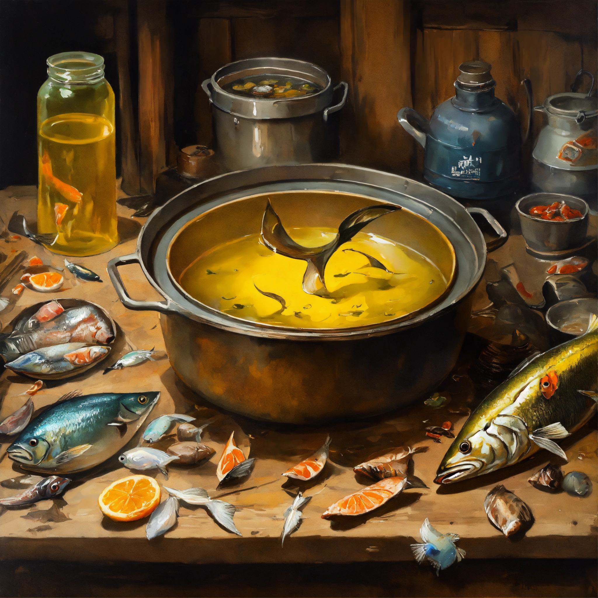 Lexica - Concept art of a lead pot with liquid fish glue, on top of a ...