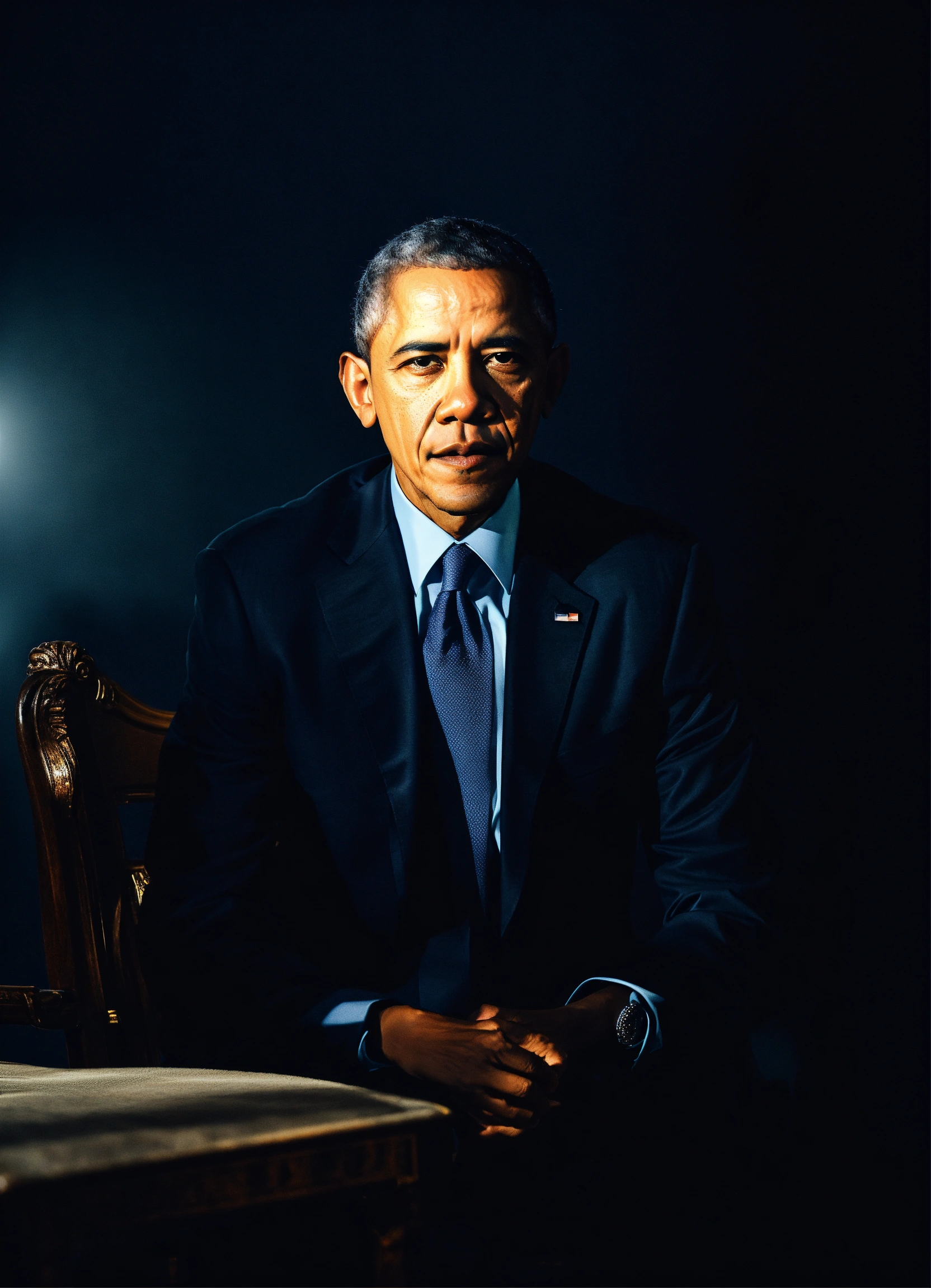 Lexica - Barack Obama sitting on a chaire in a dark room and very dark ...
