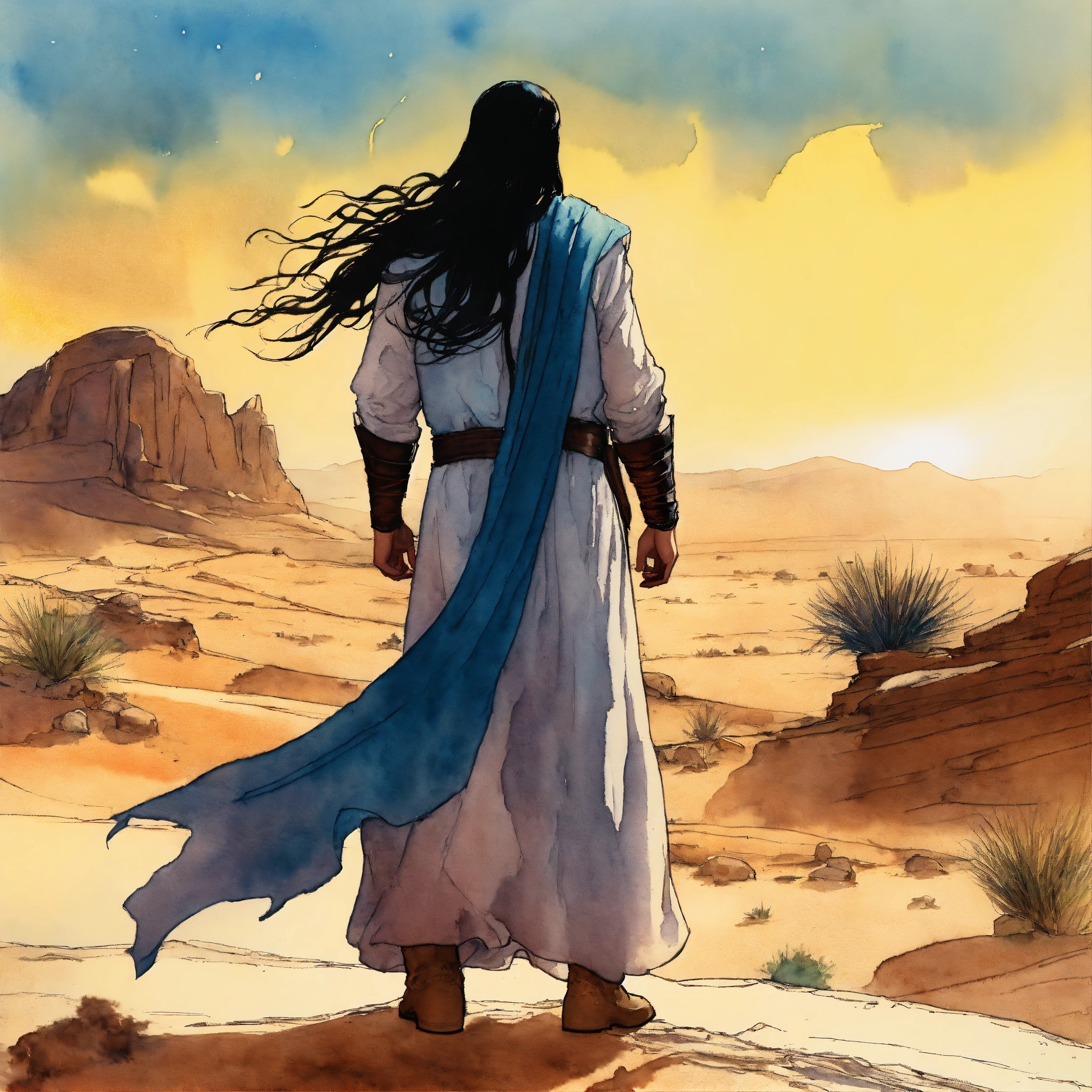 Lexica - A savior is pictured from behind. Long hair, Arabic, chosen ...