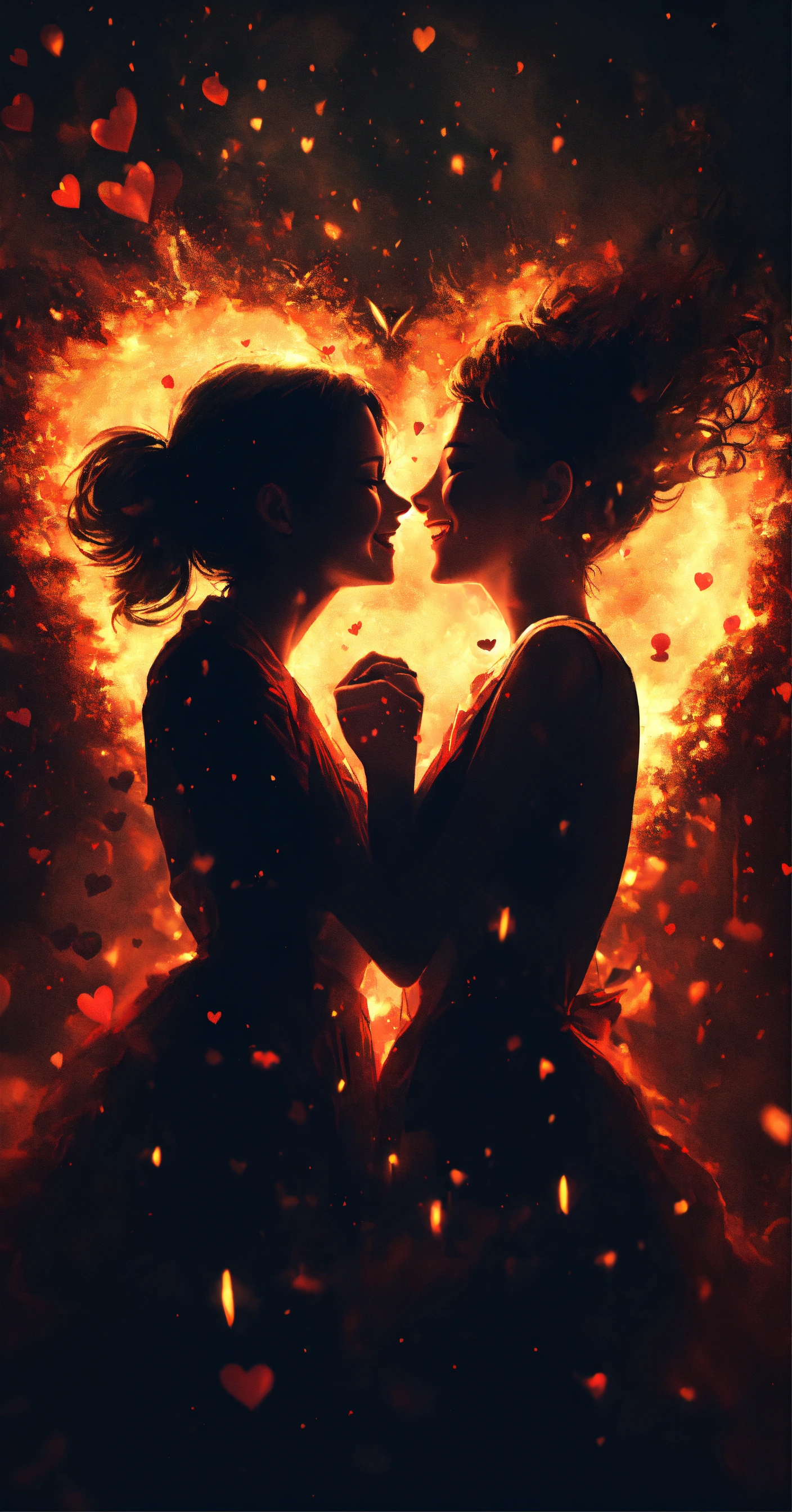 Lexica - Two exploding heart, happiness, dark ambiance, people hugging