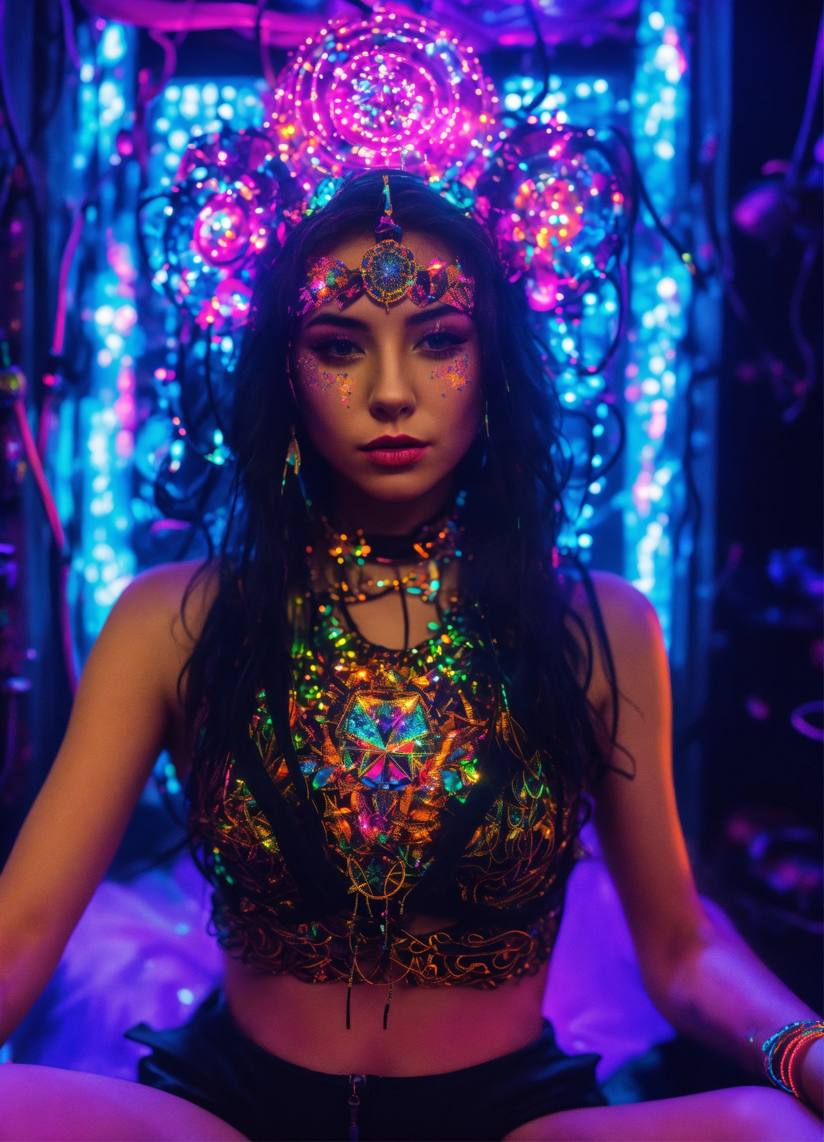 Lexica - Female Raver of topaz and shimmer black neon light DMT Room with DMT entity.