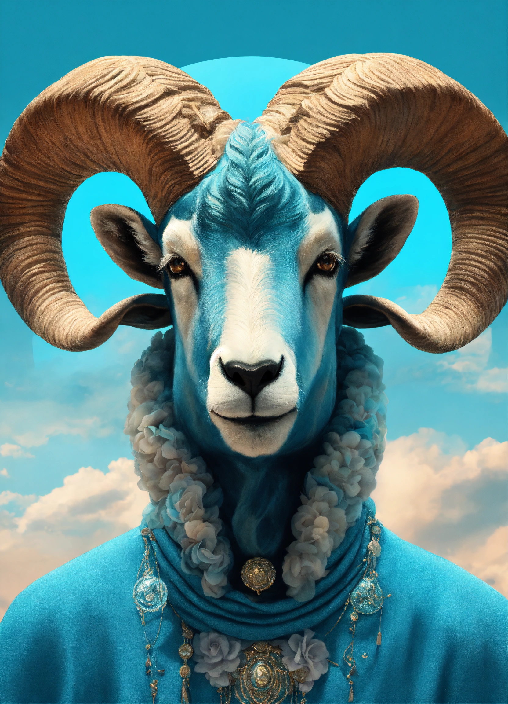 Lexica - Anthropomorphized human photo of aries with sky blue, realistic.