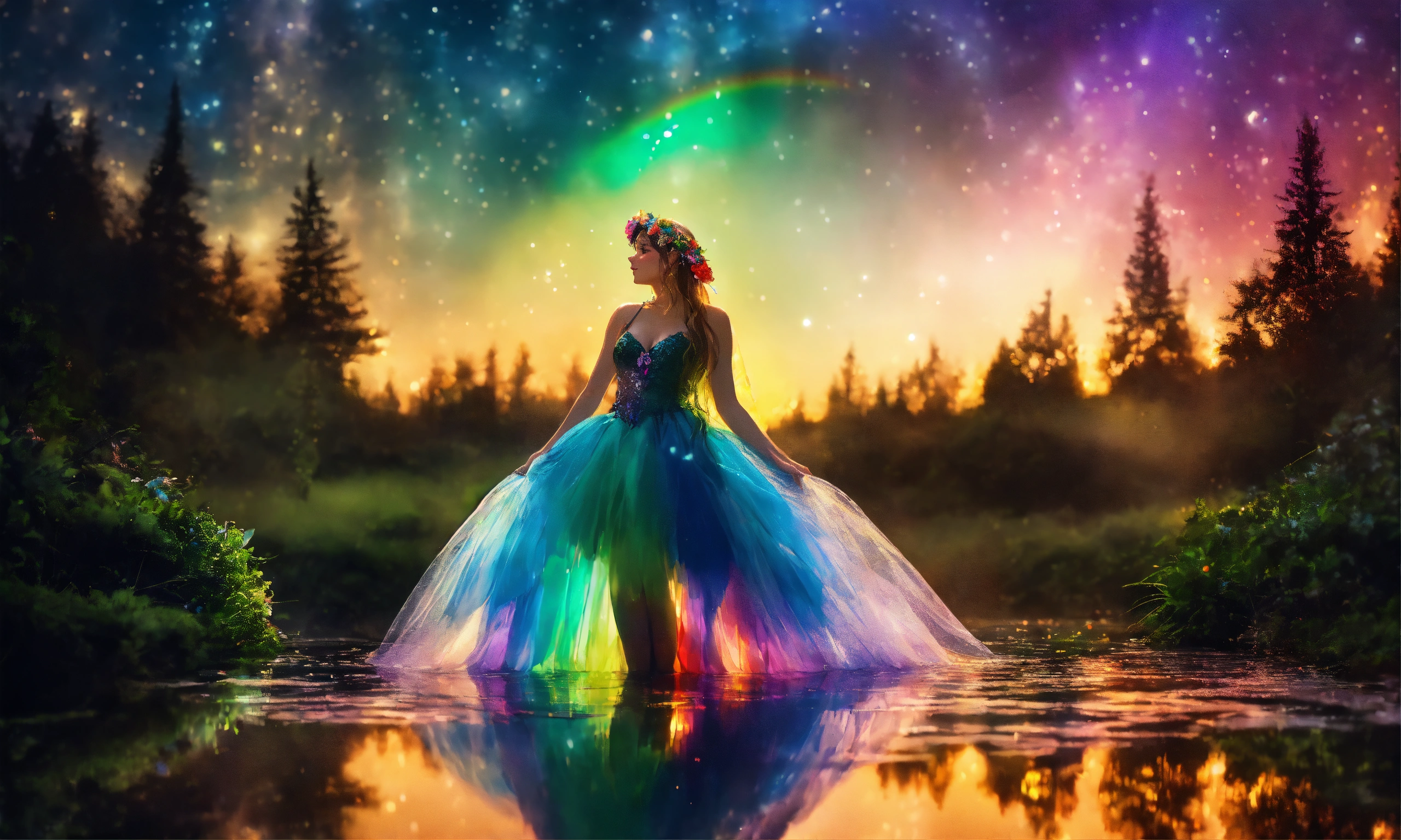 Lexica - Beautiful rainbow fairy in a tulle dress in a reflection pool ...