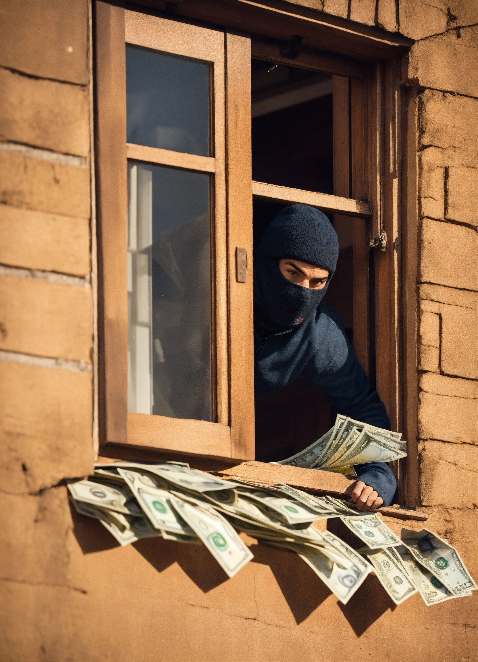 Lexica - Burglar escaping out of a house by a window holding money he stole
