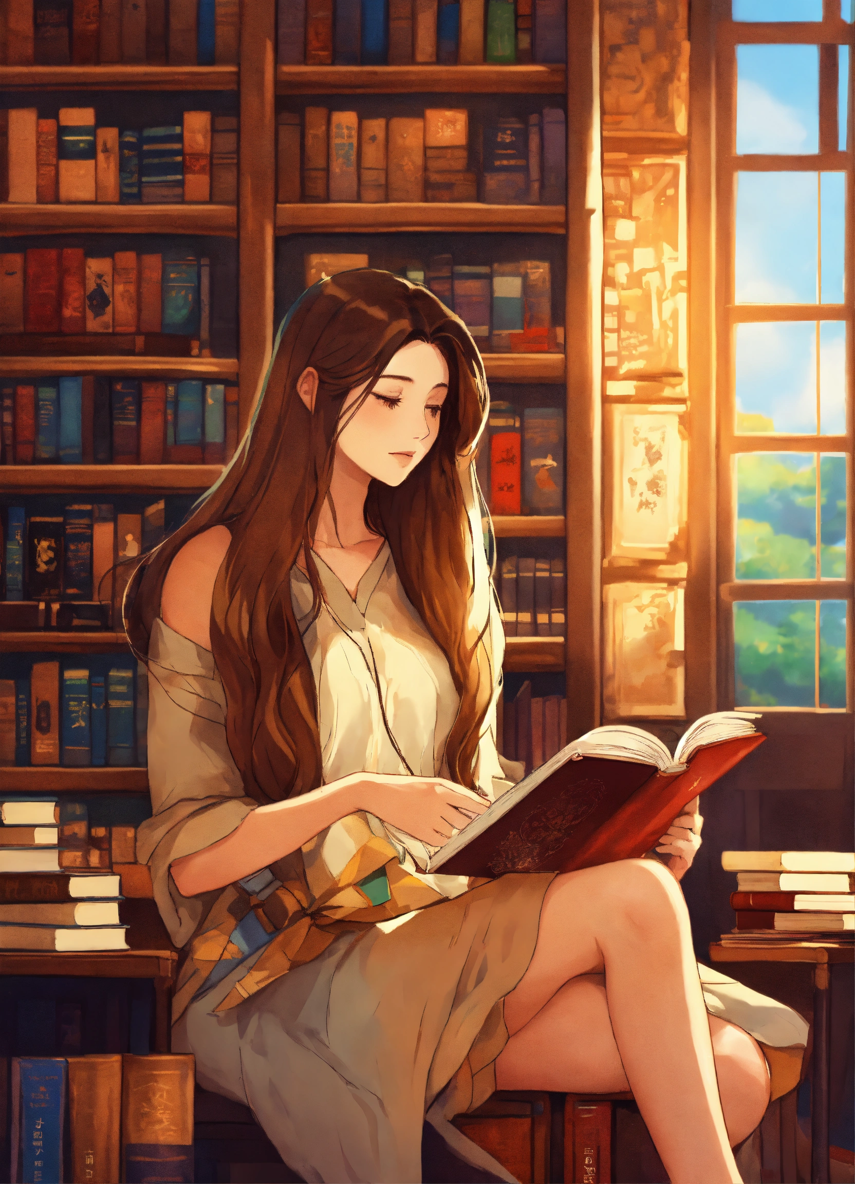 Lexica - One woman, beautiful woman, long hair, library in the ...