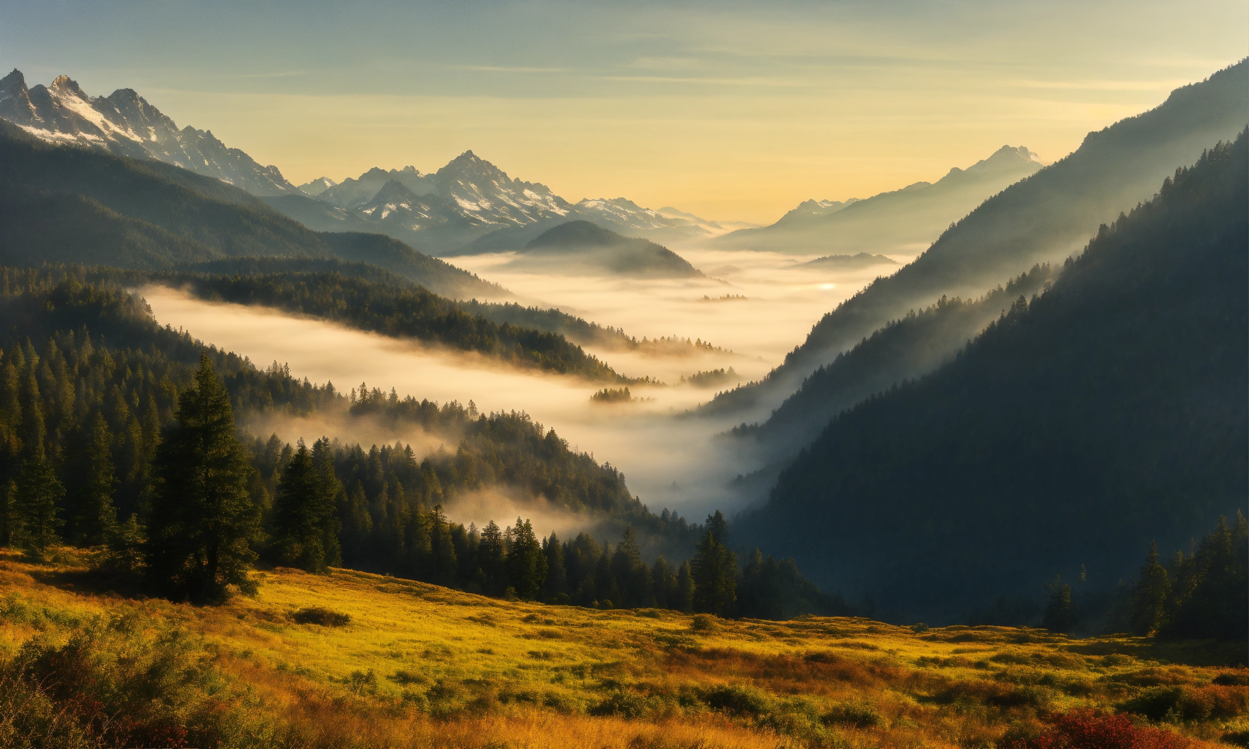 Lexica - A picturesque view looking over a valley with mist at the ...