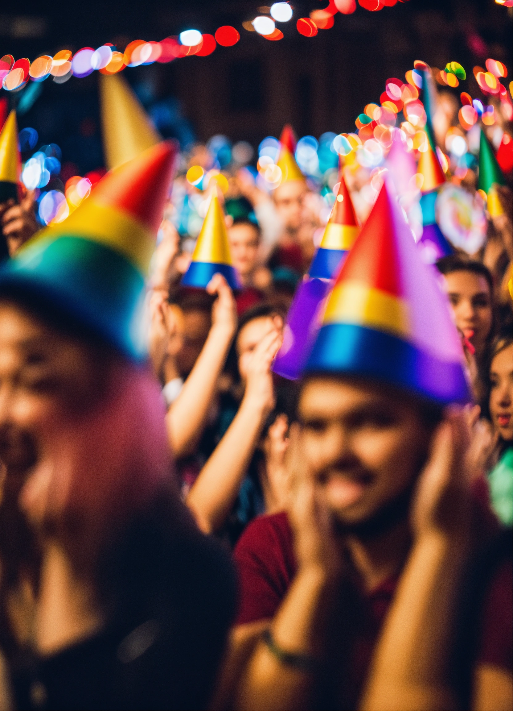 Lexica - Blurry crowd wearing party hats, clapping