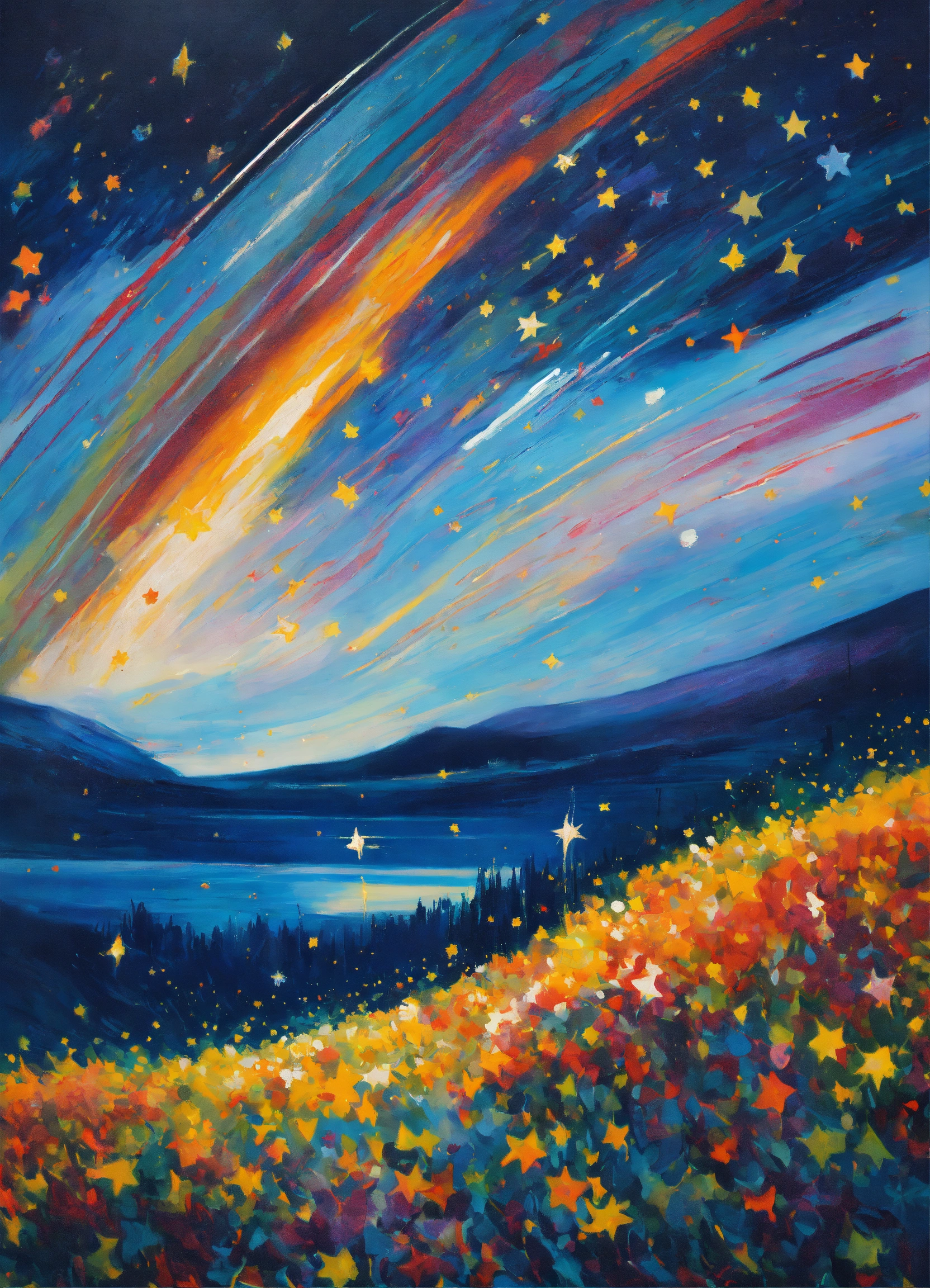 Lexica - A vibrant, abstract painting of a starry night sky, with a ...