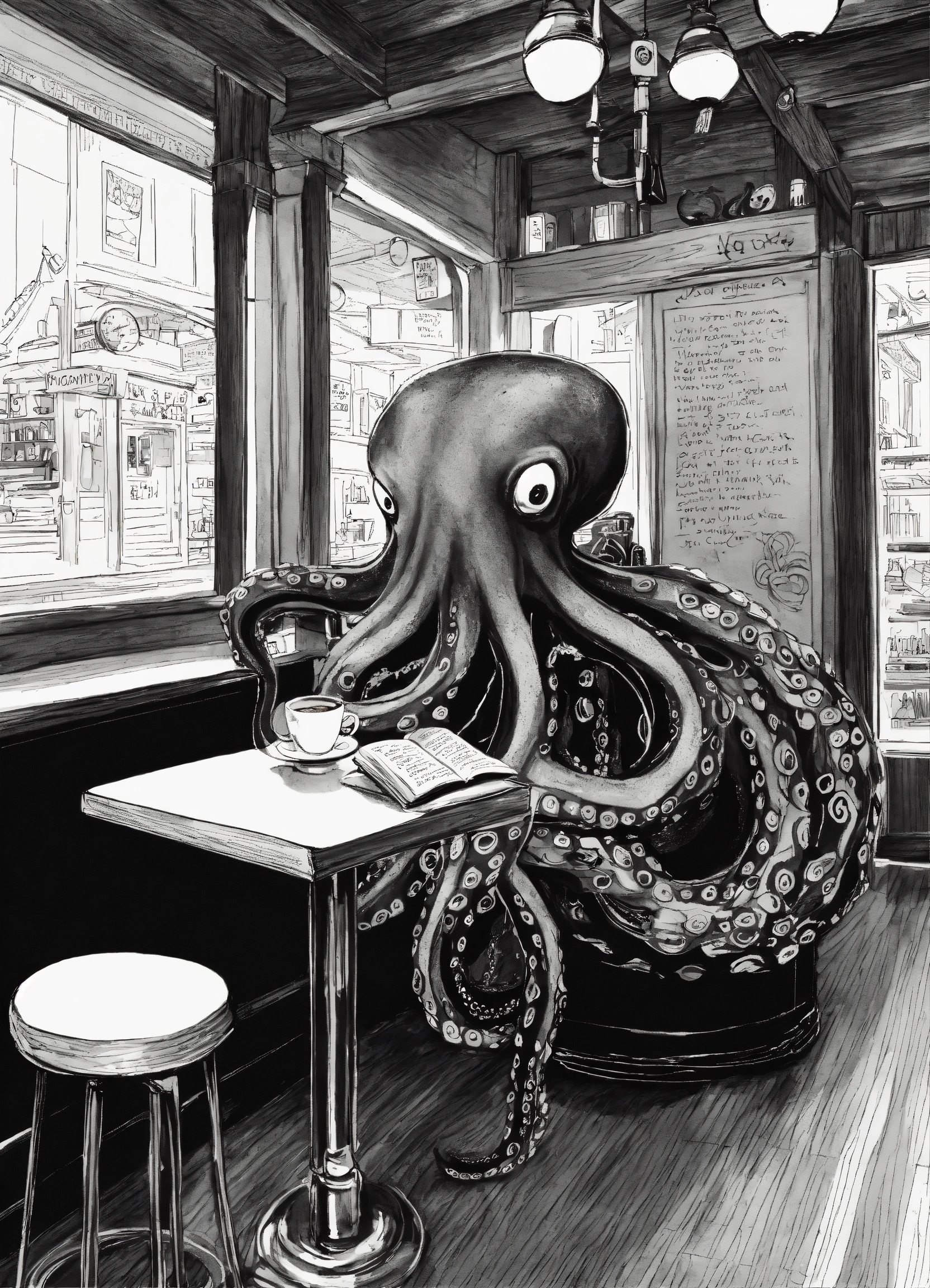 Lexica - An ink drawing of an octopus in an oceanic espresso bar ...