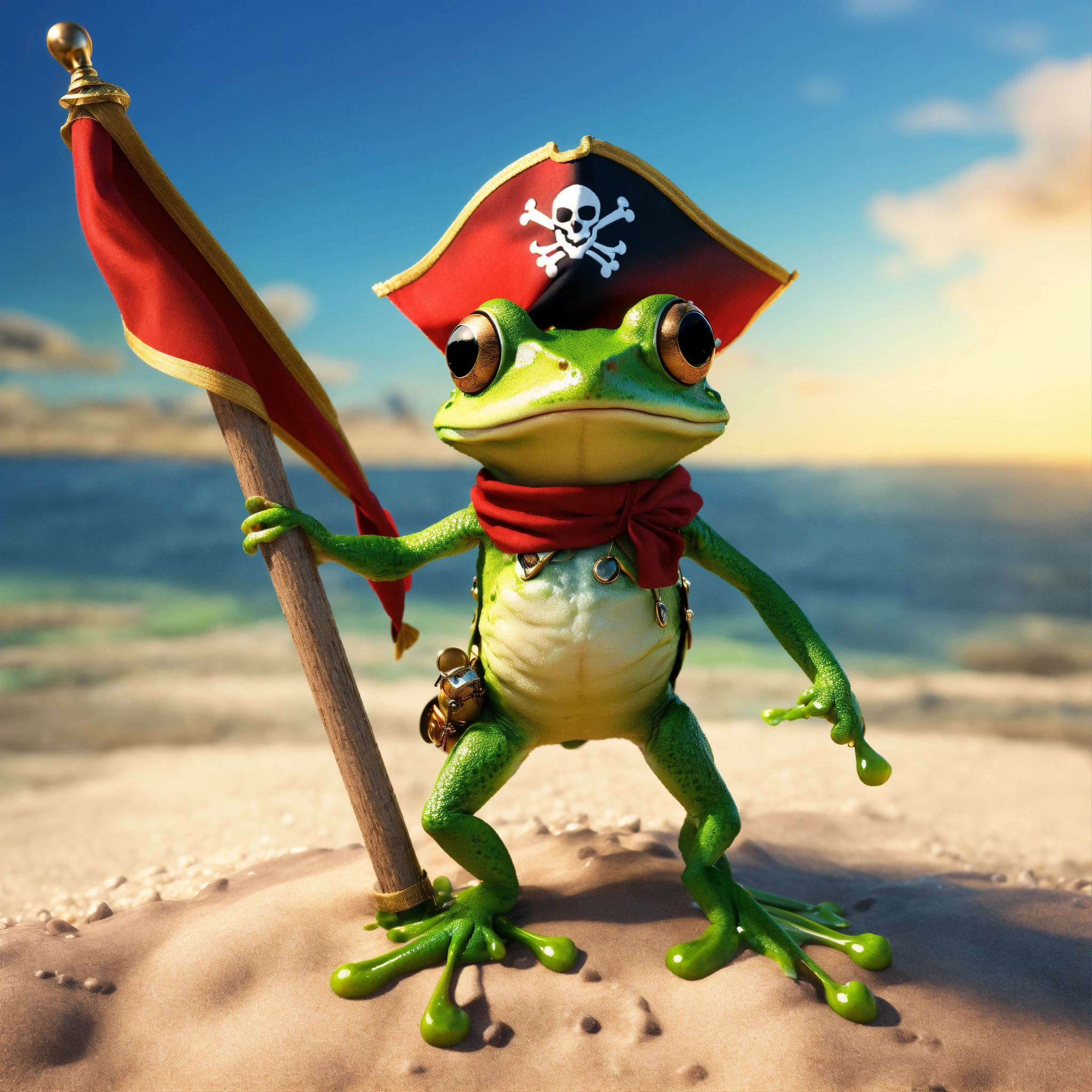 Lexica - Pirate frog, wearing a pirate hat, holding a pirate flag ...