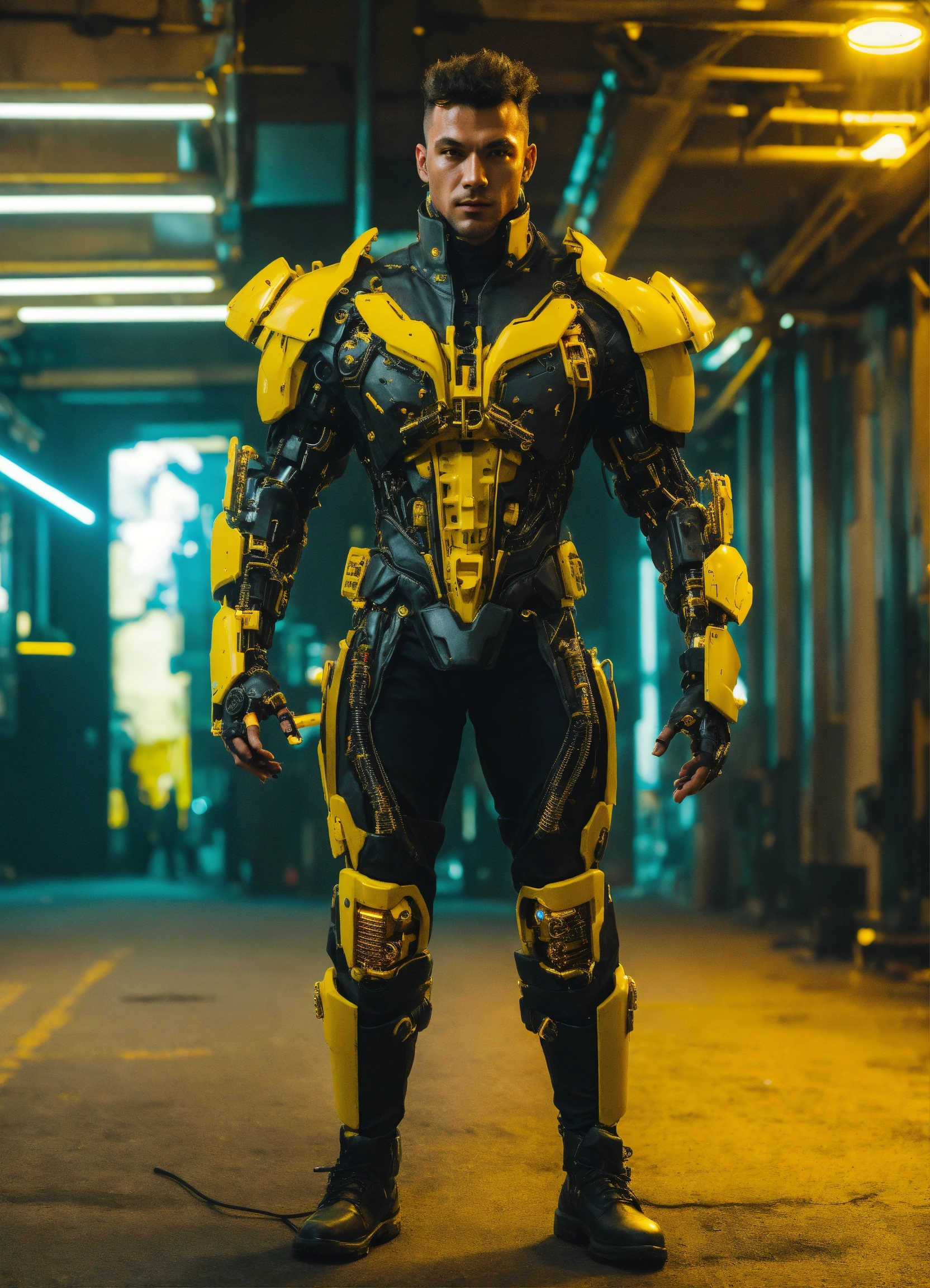 Lexica - Muscular cyberpunk cyborg with yellow cybernetic parts. Mostly ...