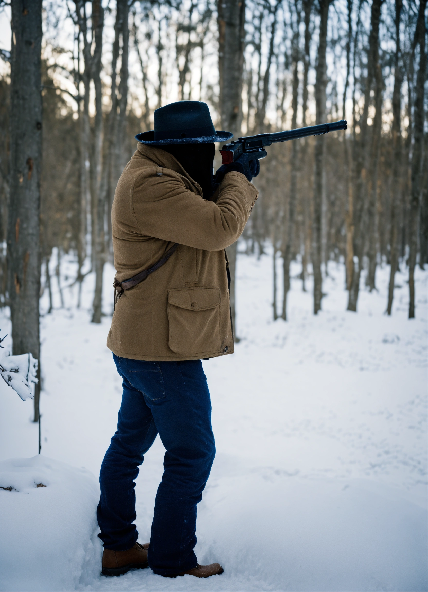 Lexica - Man with a hat hiding his face, shooting with a gun in the snow