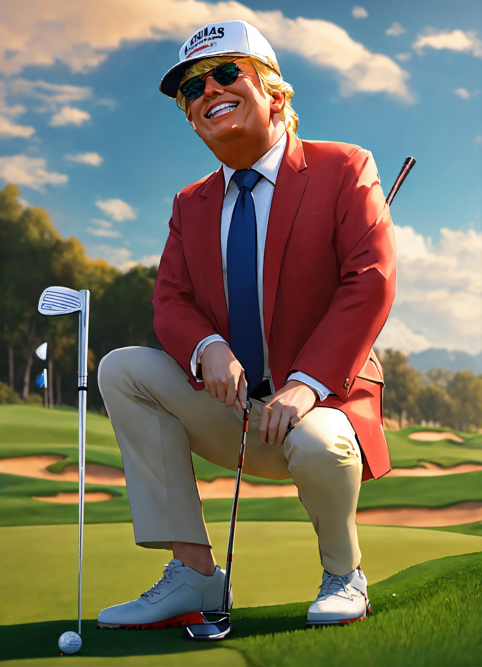 Lexica - Donald trump on a golf course, wearing a fedora, forward ...