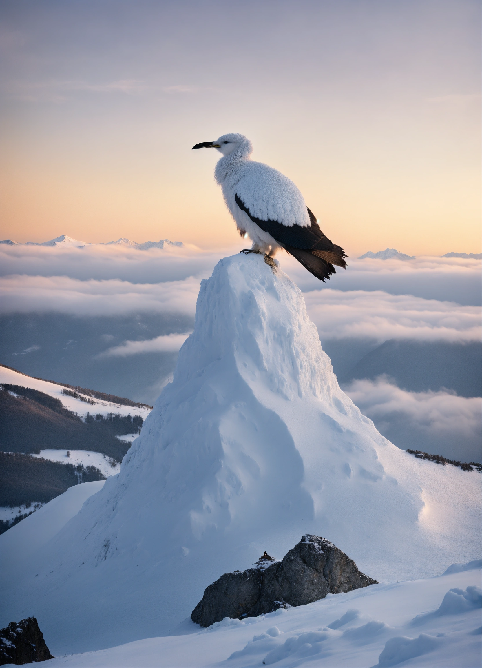 Lexica - White giant covered in fur with a bird head sitting meditating ...
