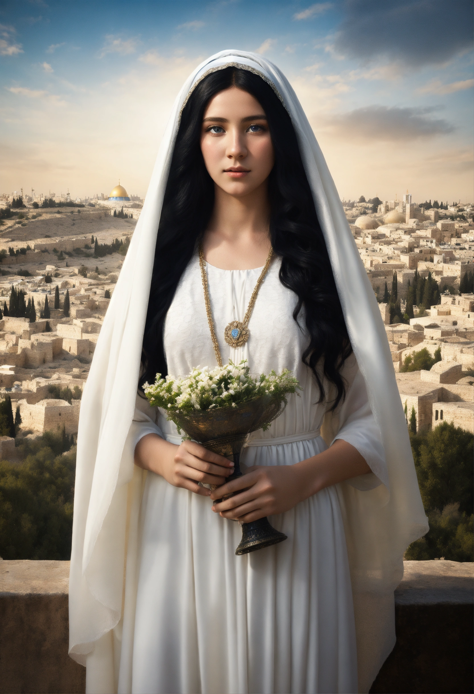 Lexica - Hyper realistic 15 year old blue eyed black haired virgin mary ...