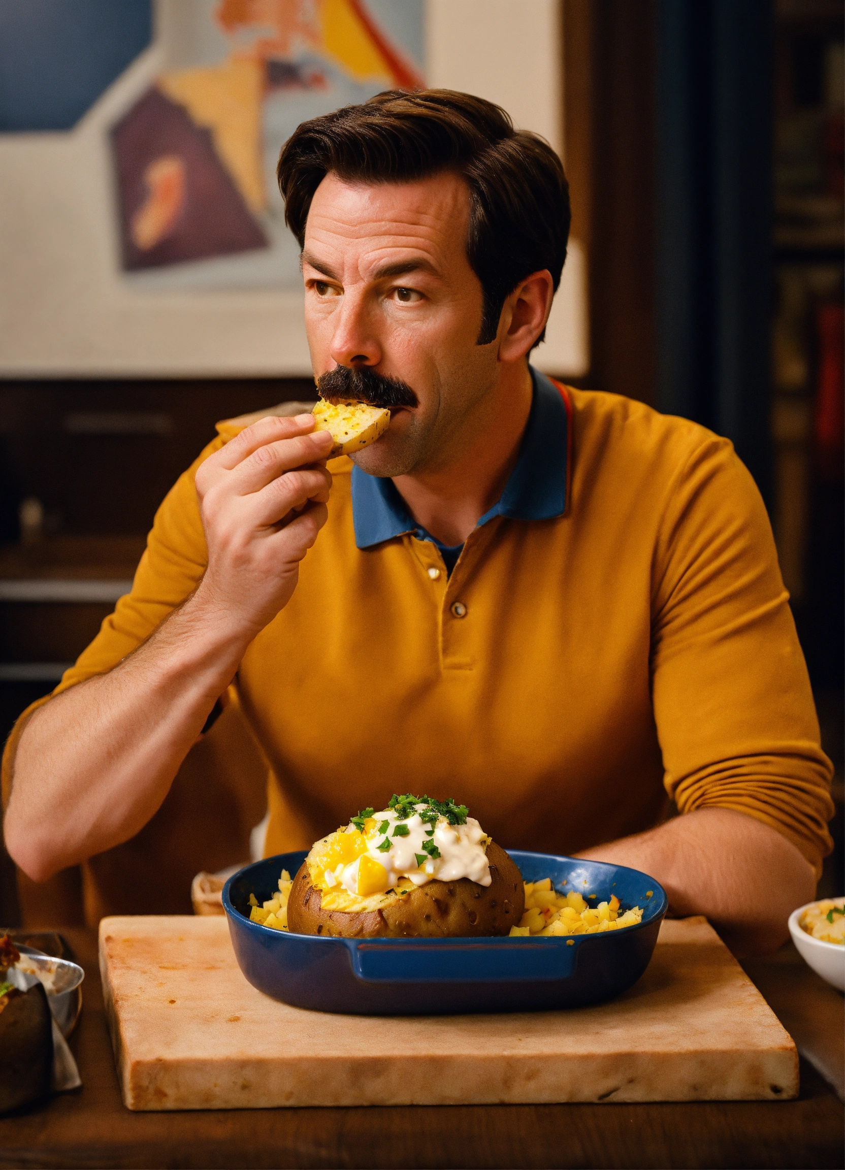 Lexica - Ted lasso eating a baked potato with all tje fixings