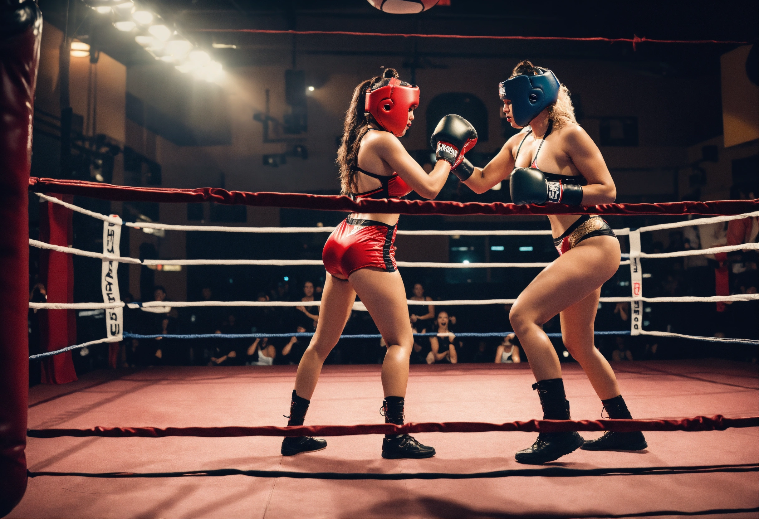 Lexica - Two females, in monokini, 38D cup, fighting in boxing ring