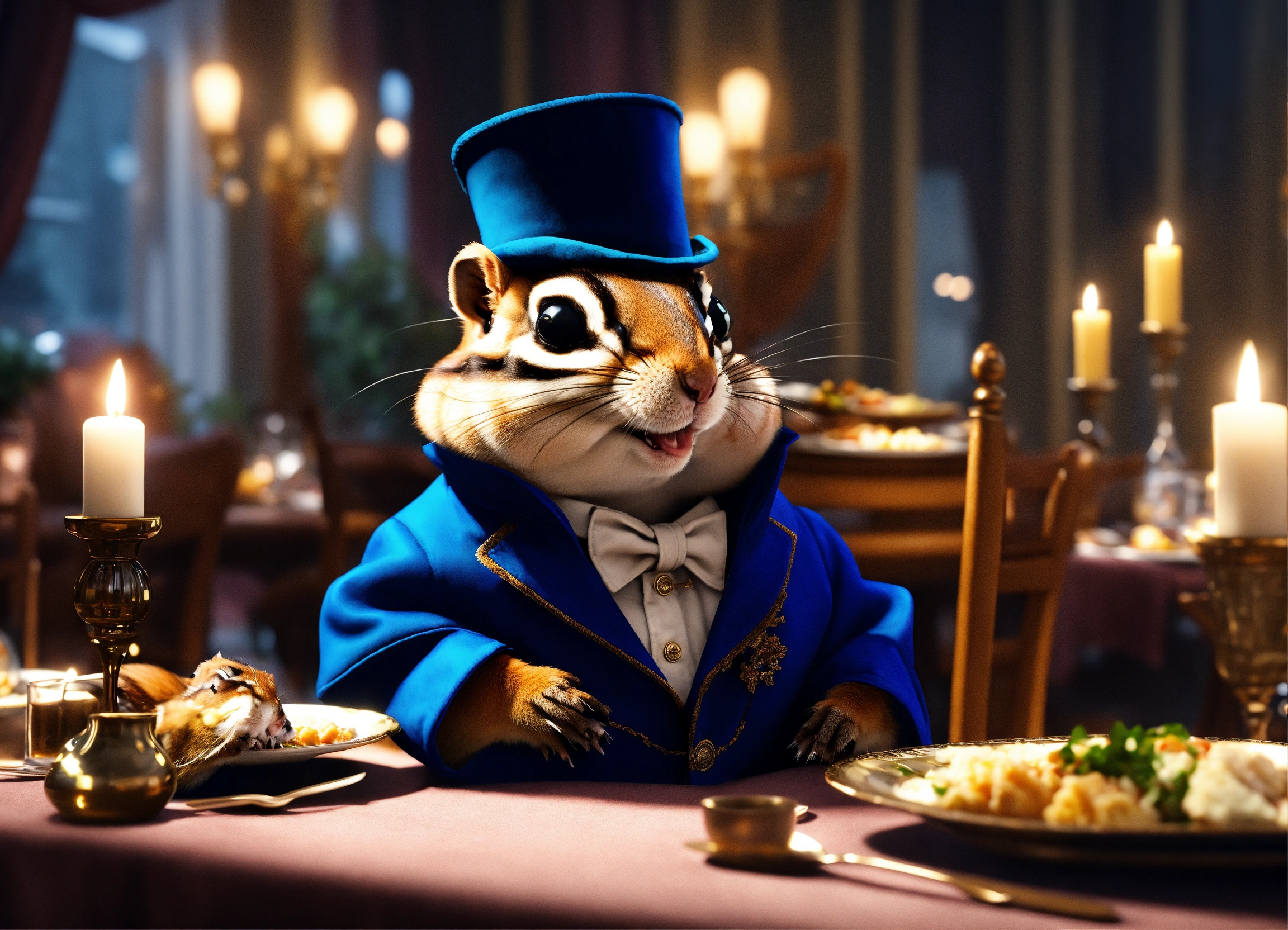 Lexica - A chipmunk wearing a blue victorian coat at a dinner party ...