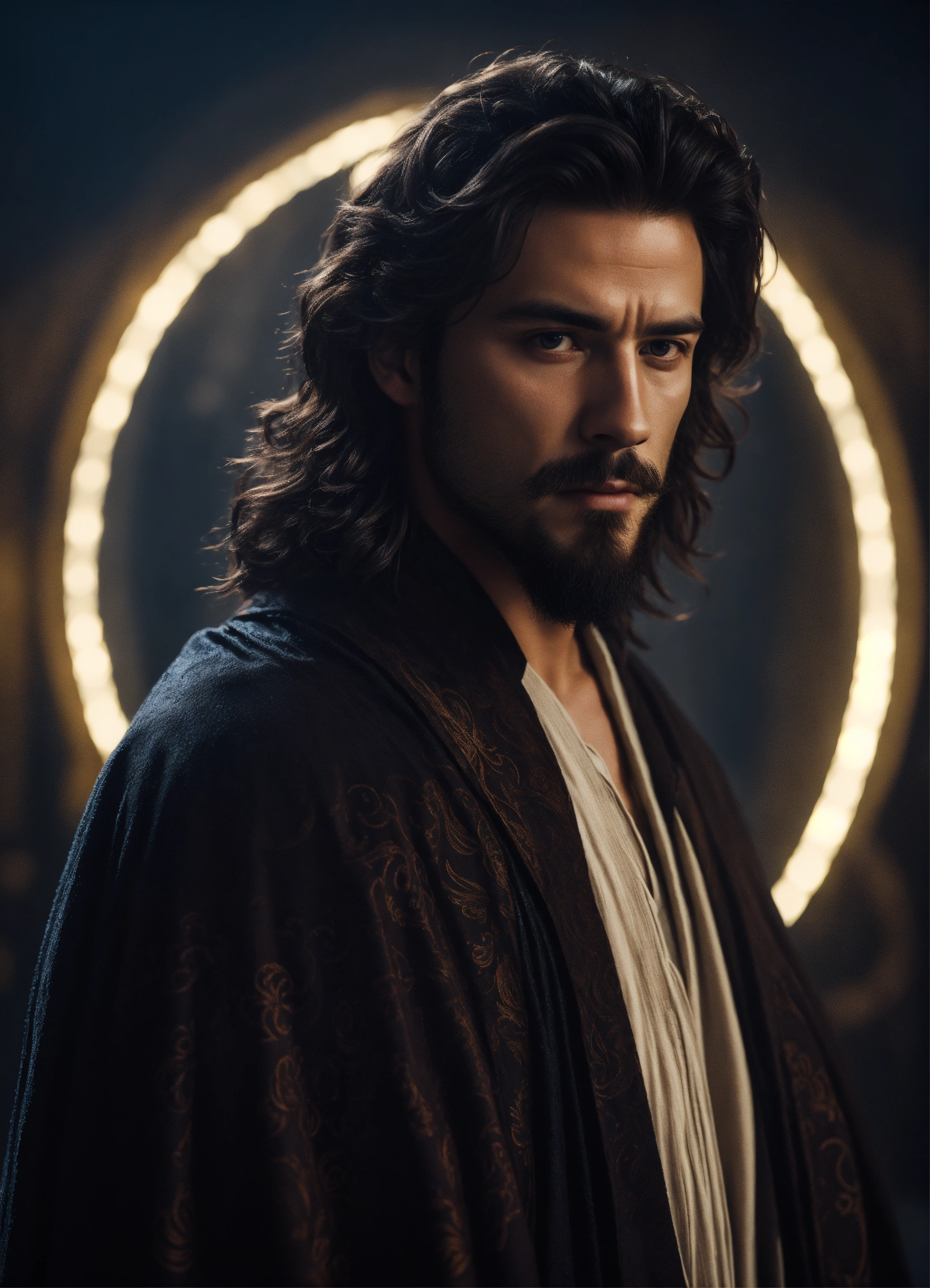 Lexica - Dark medium hair, french goatee, wizard robes white light ...