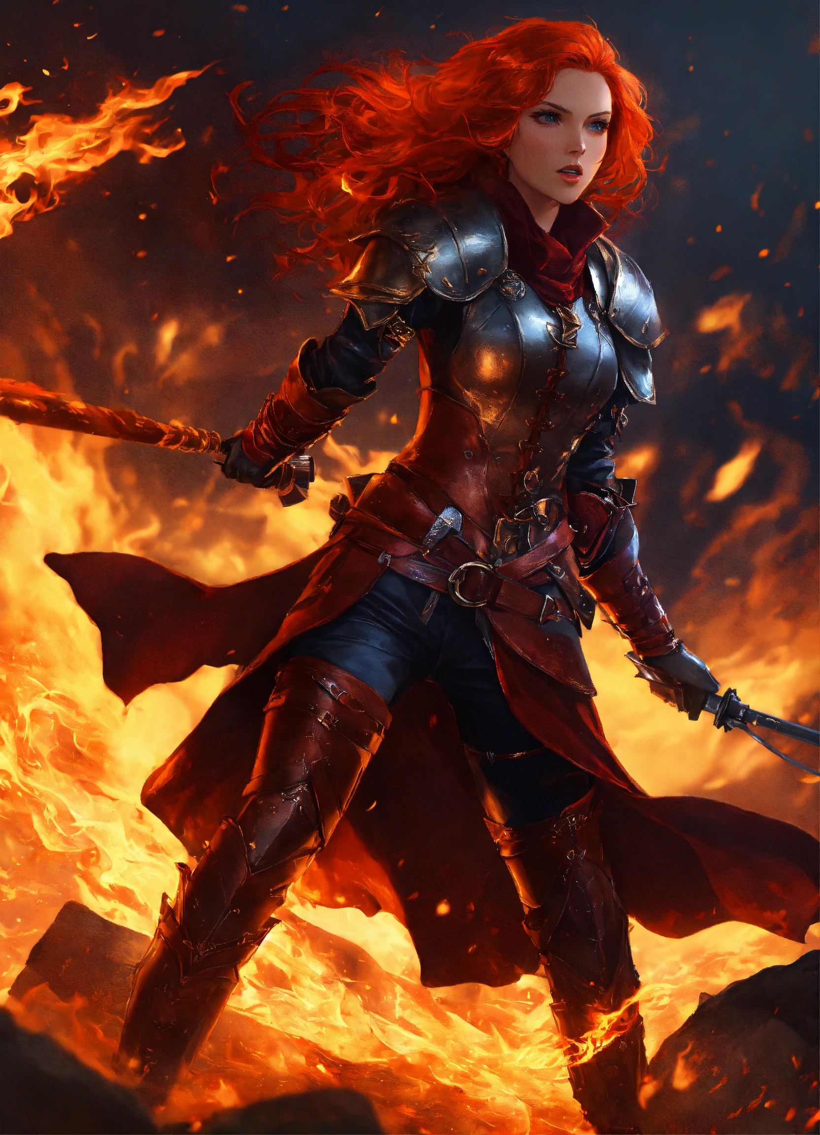Lexica - "striking fantasy redhead", leather armor, confident, midnight ...