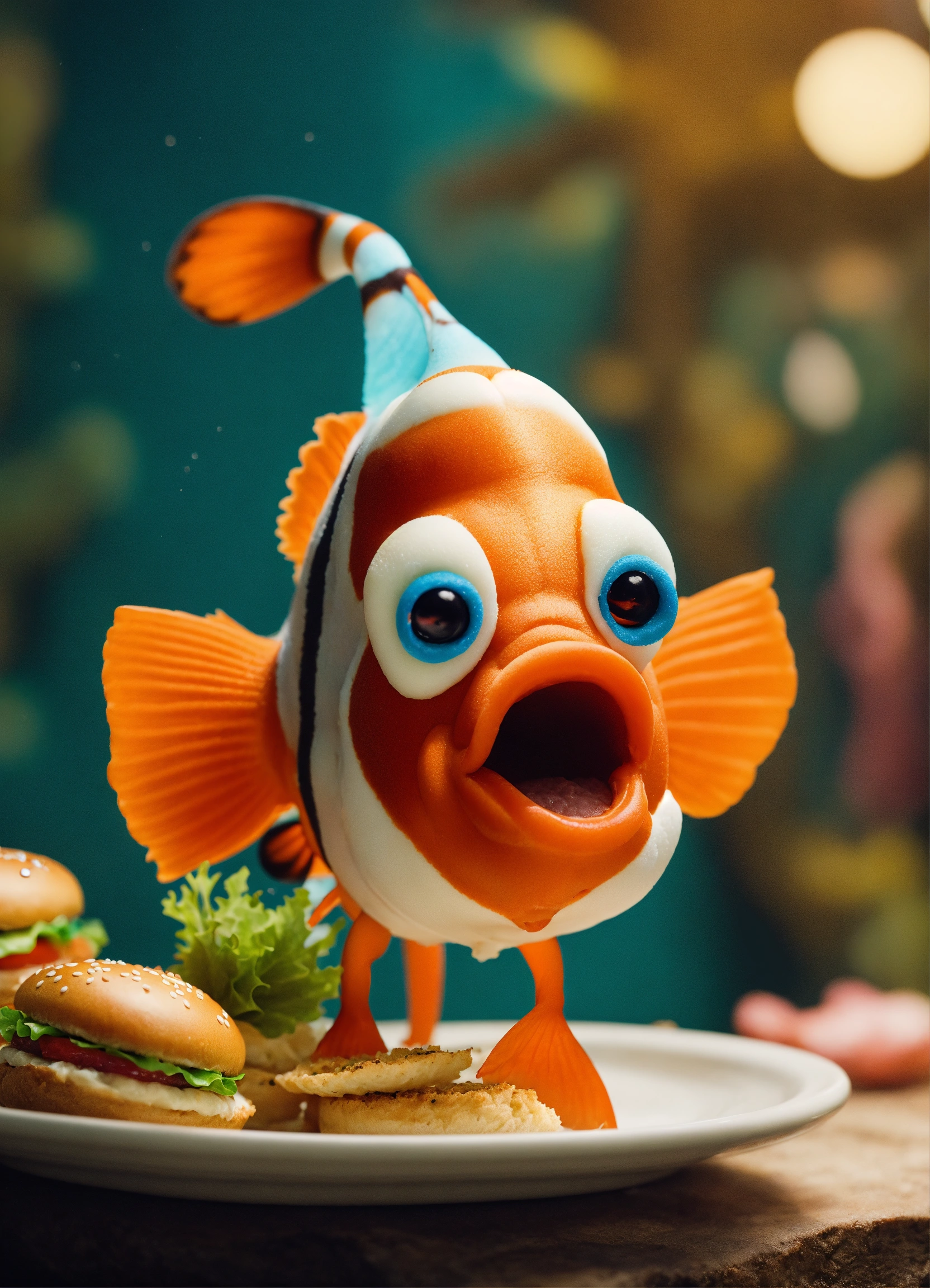 Lexica - A clownfish standing on 2 legs, eating hamburger, claymation, 8k