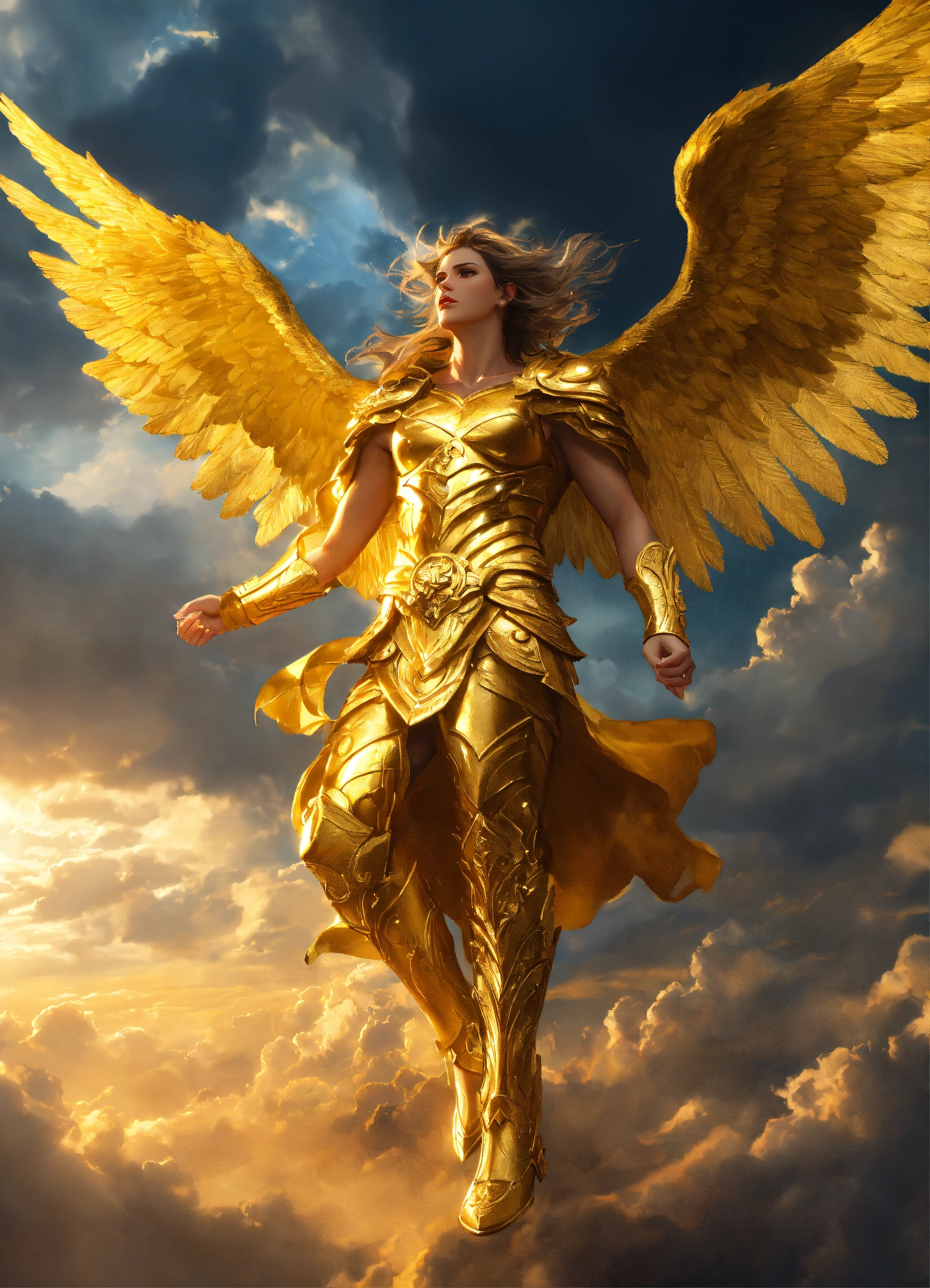 Lexica - A mighty strong golden flying angel fighting a n enemy the sky ...