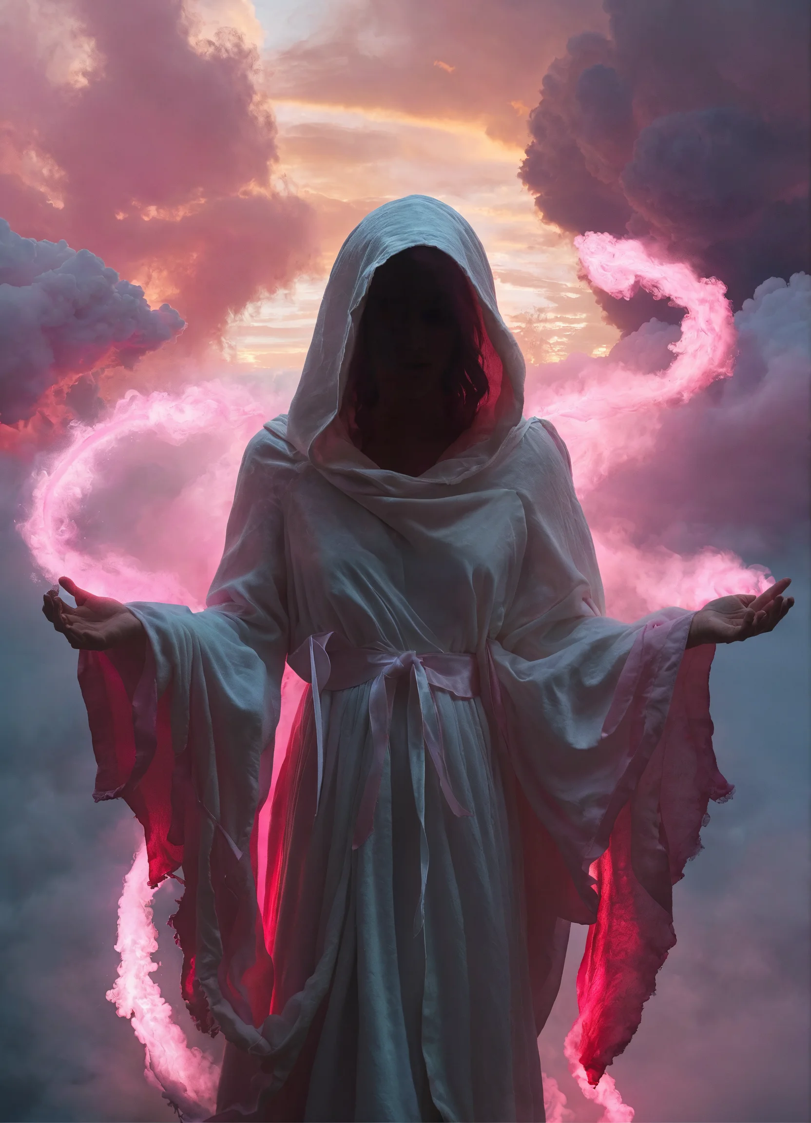 Lexica - Pink halo, white robe dissolving into pink smoke, pink glow ...