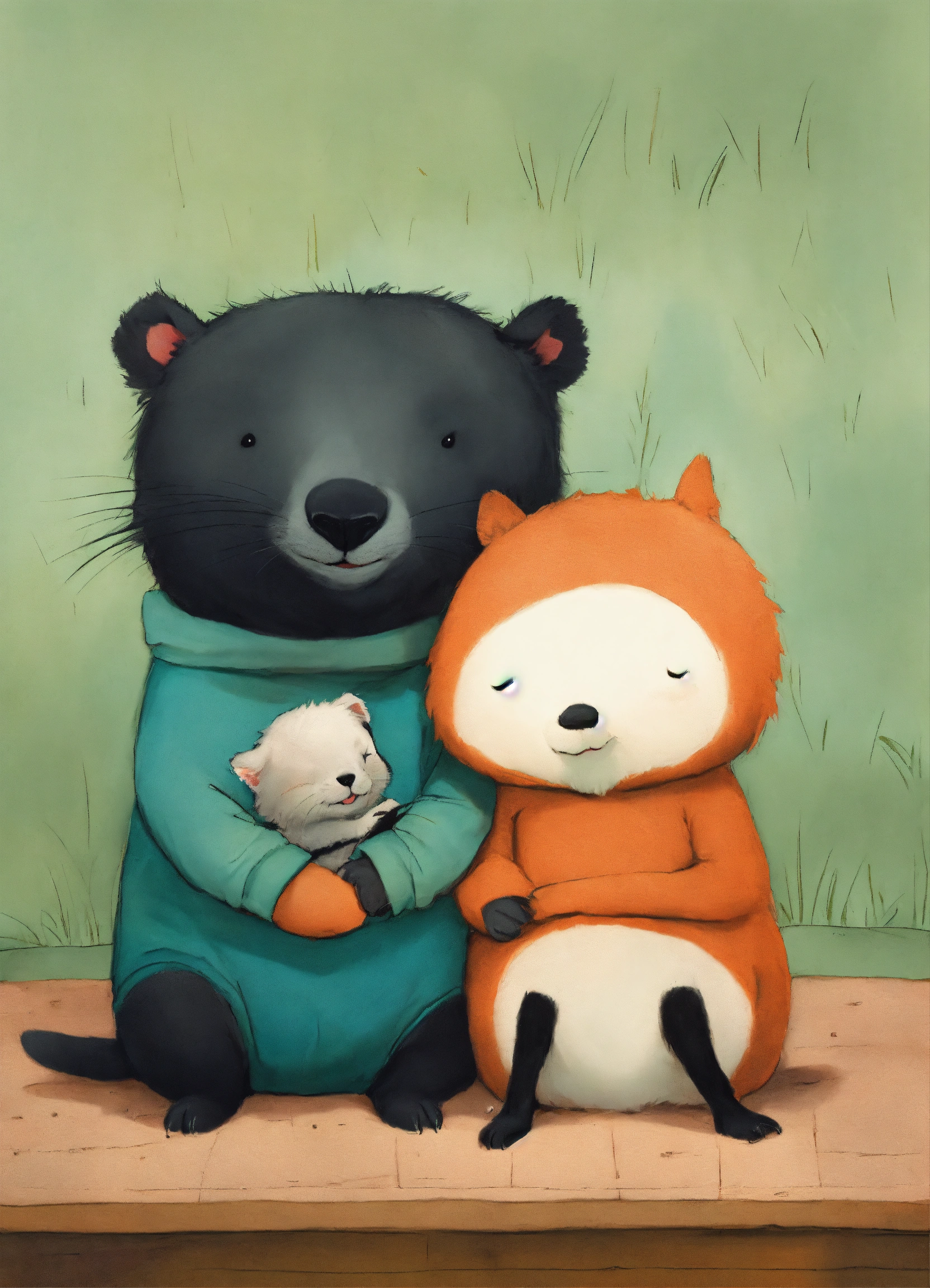 Lexica - Happy friends cuddling, cute critters, by oliver jeffers