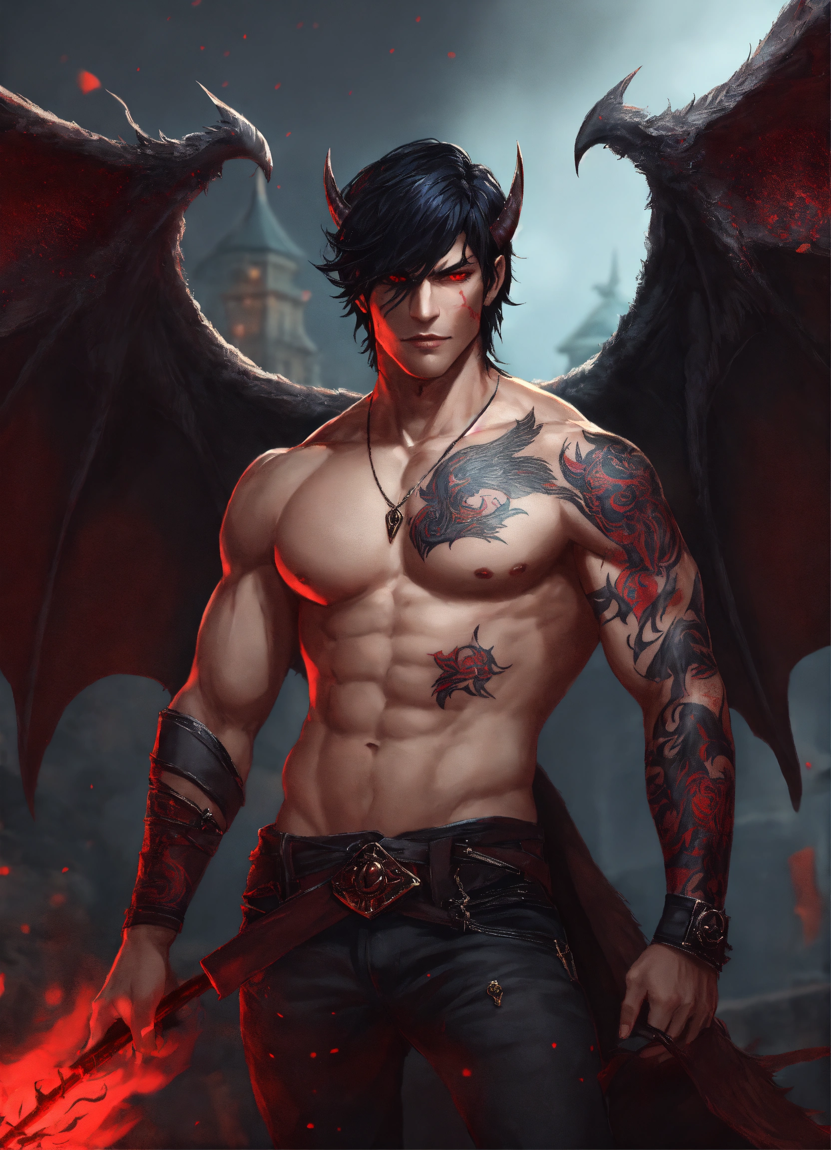 Lexica - A handsome half demon man with huge bat wings, red eyes and ...