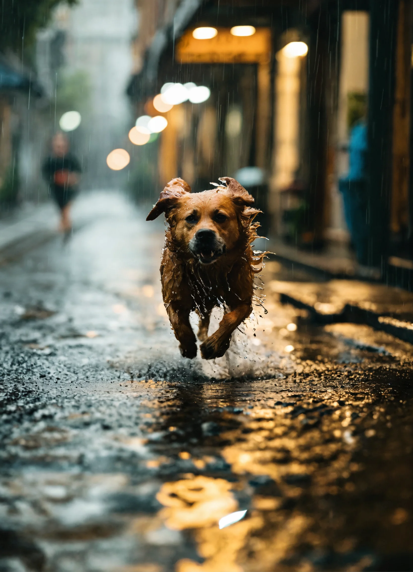 Lexica - A dog running in the street during heavy rain