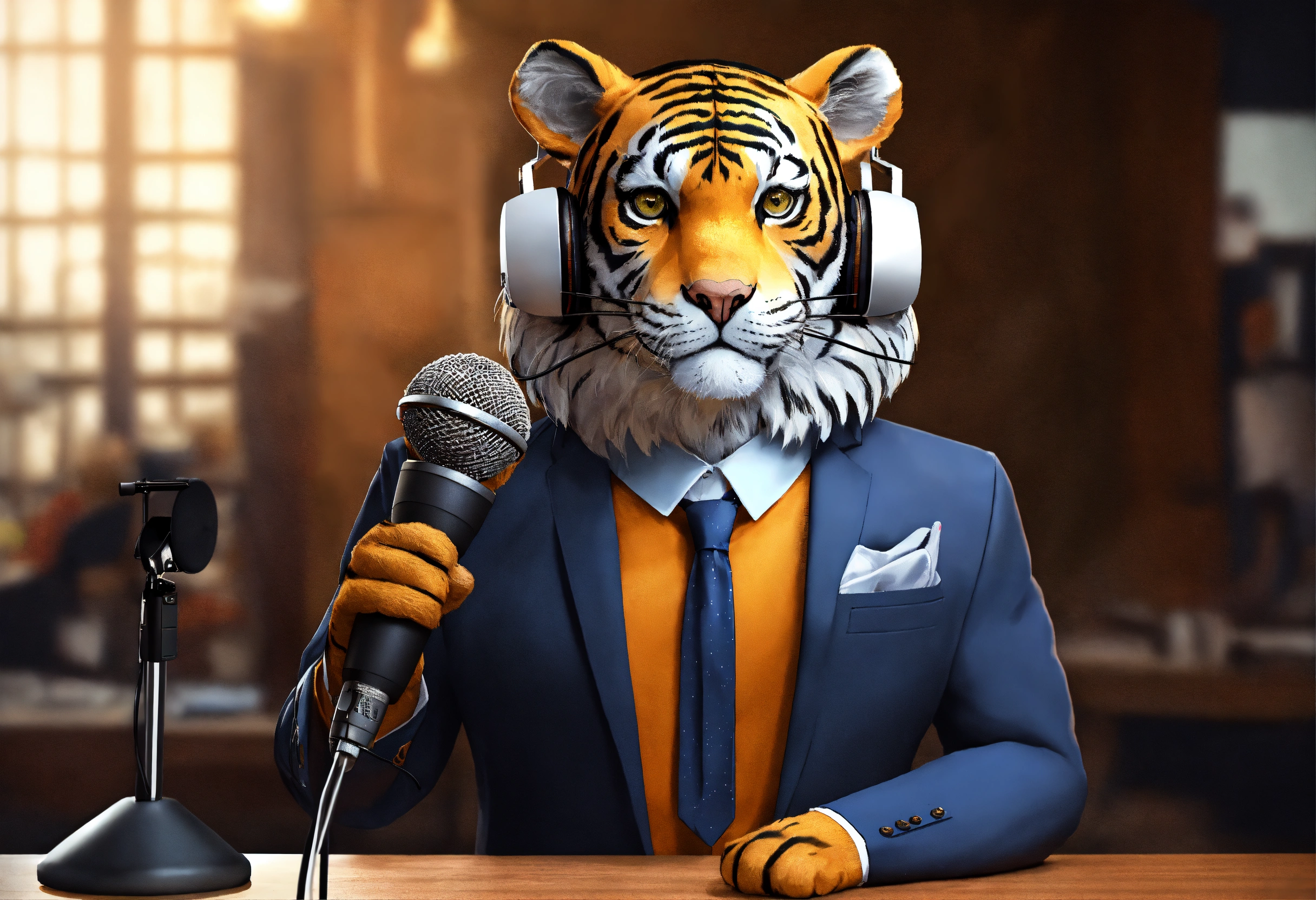 Lexica - Realistic tiger wearing a business suit and headphones ...