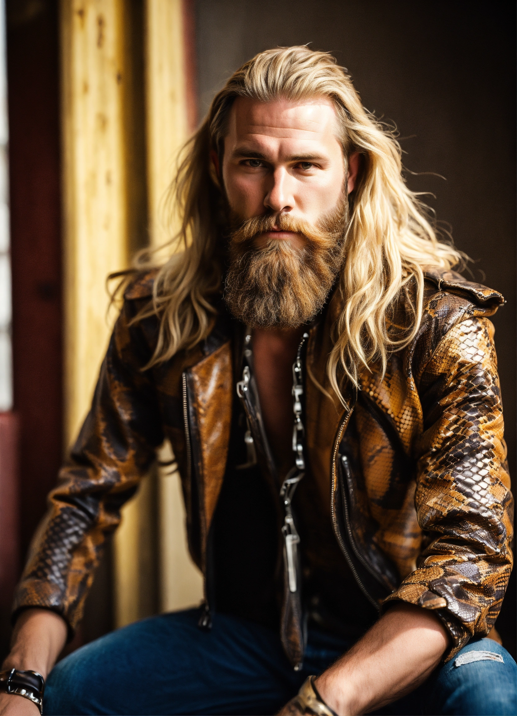 Lexica - Very Long haired biker blonde man wearing a snakeskin jacket ...