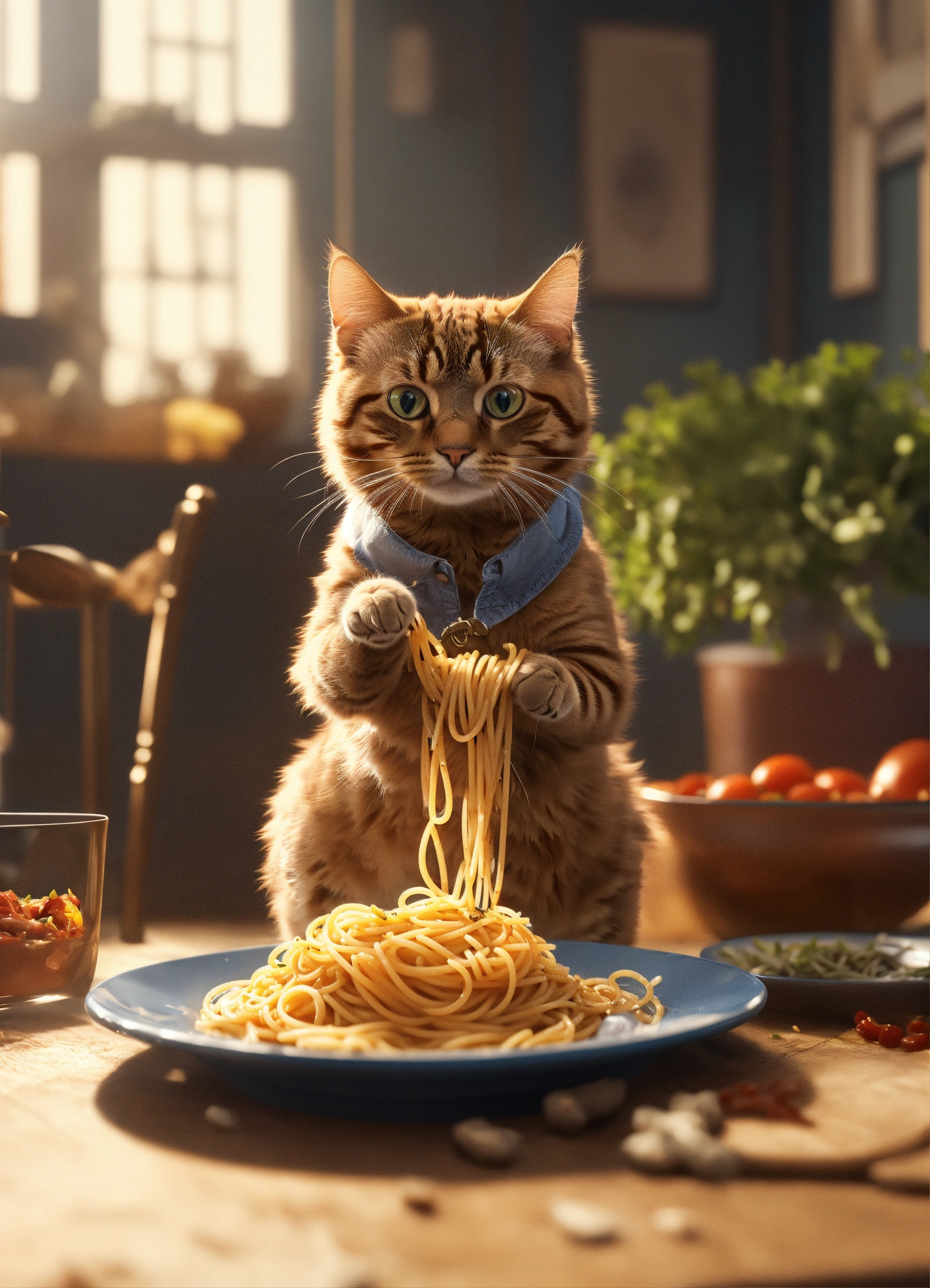 Lexica - A cat standing on 2 legs, eating spaghetti, unreal engine ...
