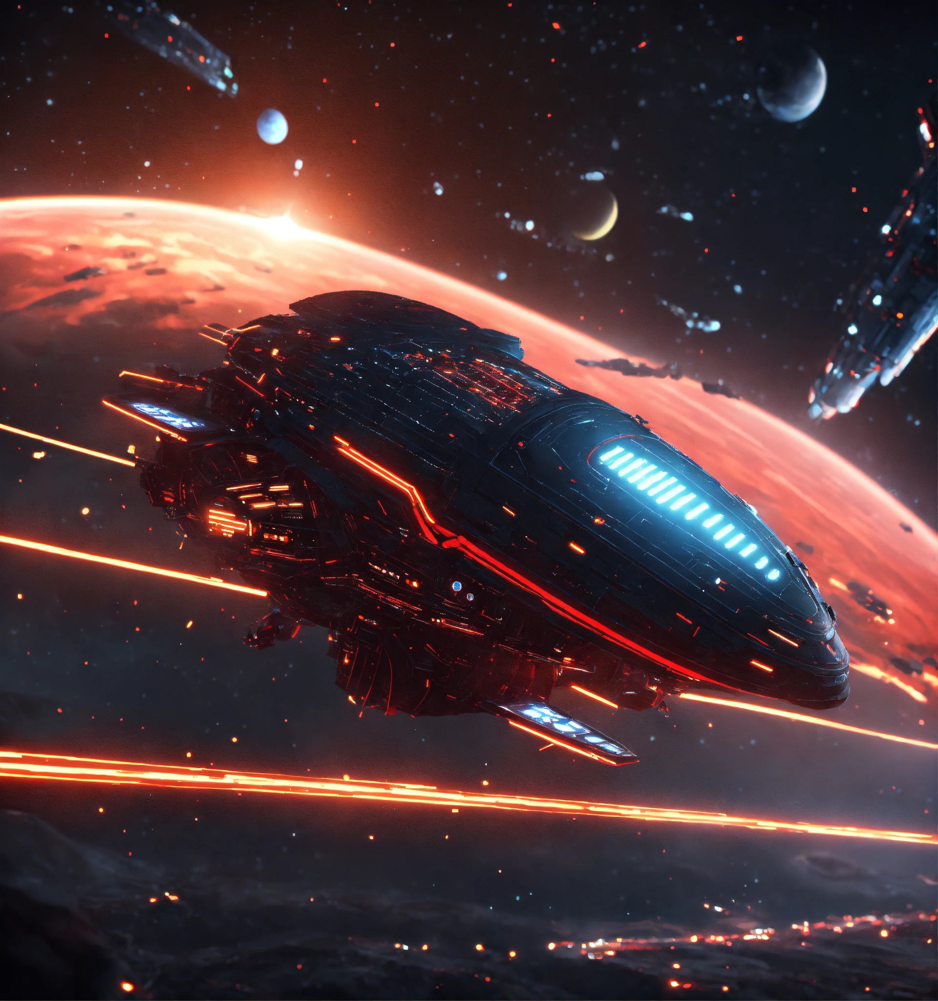 Lexica - Zoom out on a extra long black organic worm like space ships ...