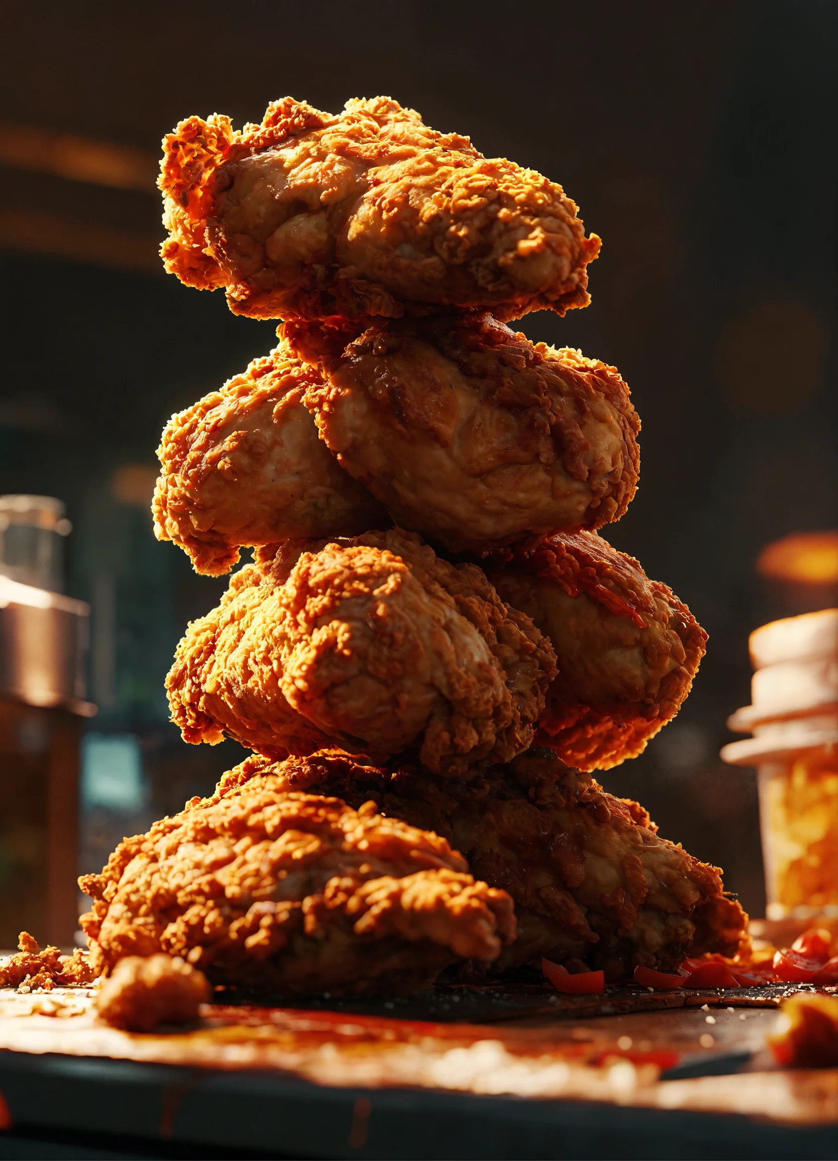 Lexica - Fried chicken stacked on top of each other on a table ...