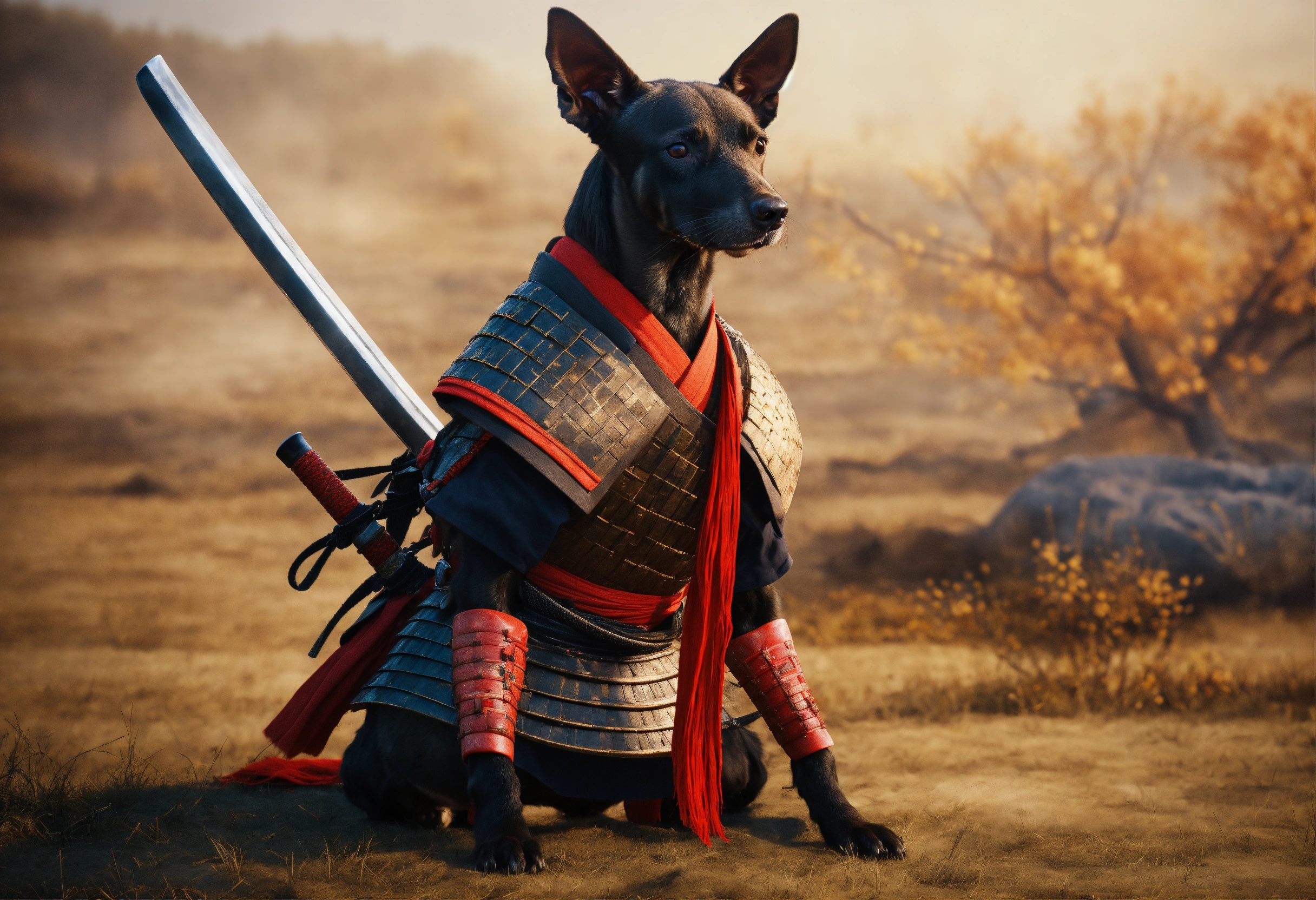 Lexica - Xoloitzcuintli samurai with arms. battlefield. hyper realistic.