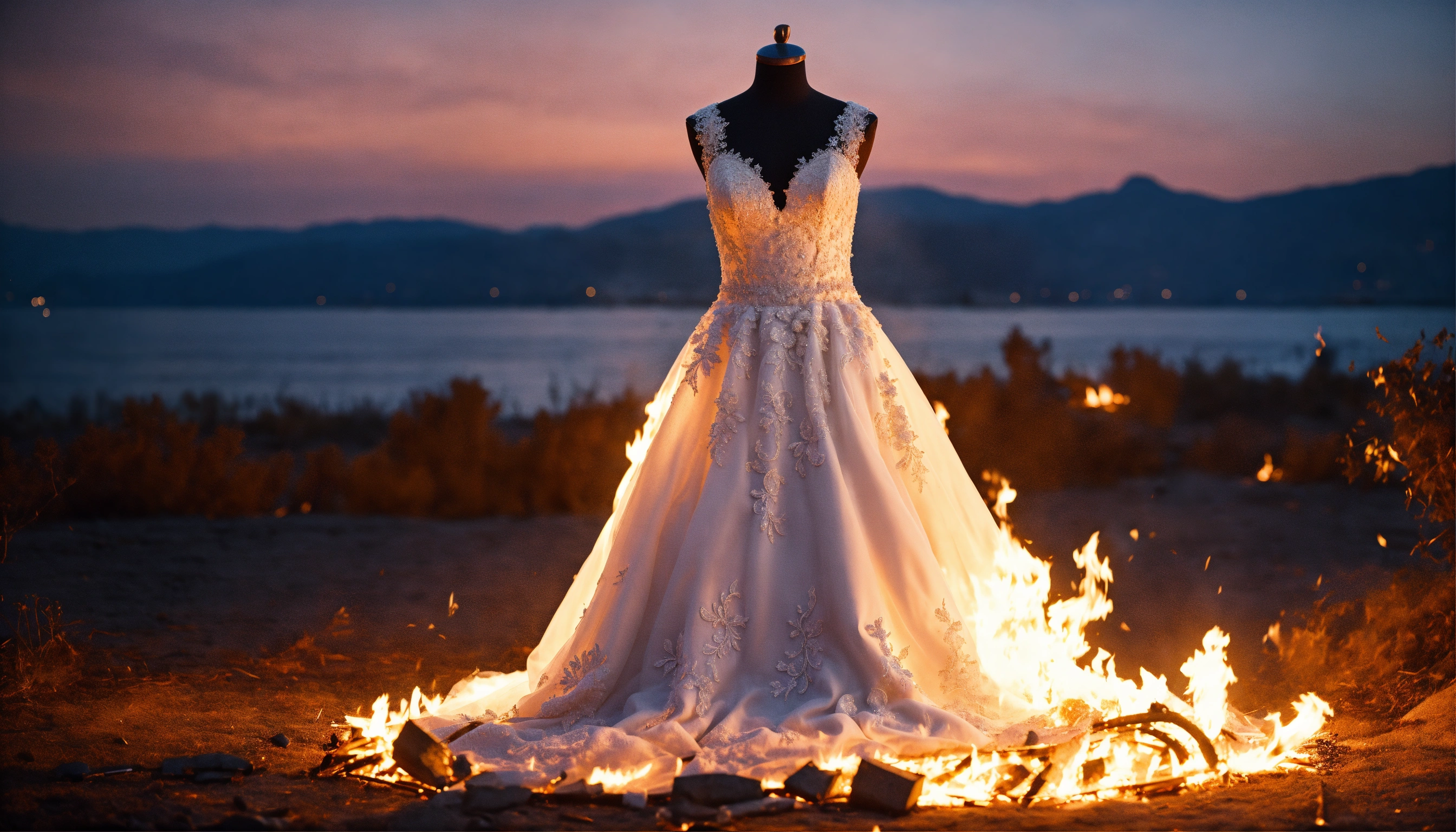 Lexica - A wedding dress burning in a bonfire, high quality, 8k, cinematic