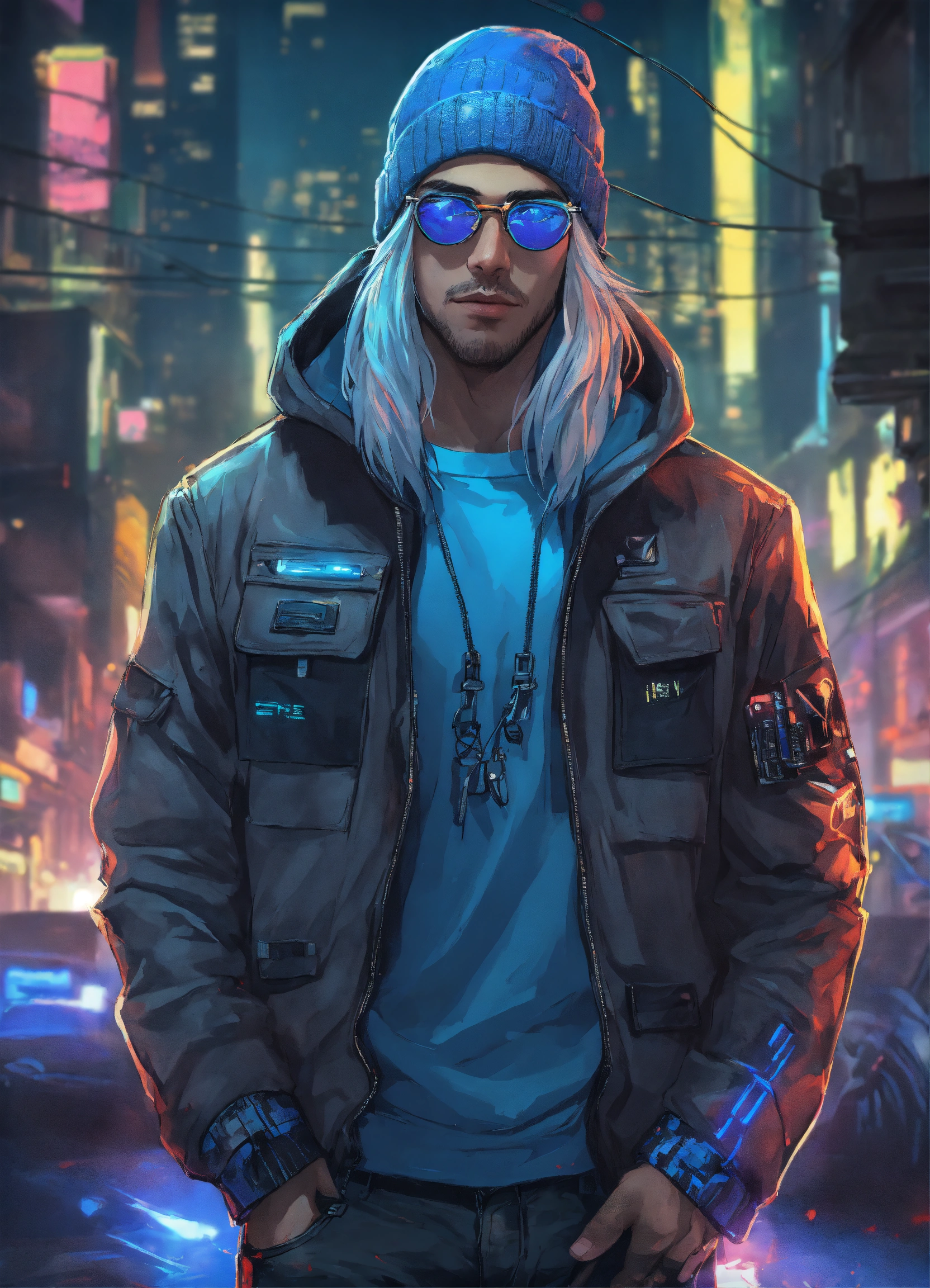 Lexica - Cute male cyberpunk hacker, holding blue colored glasses, in a ...