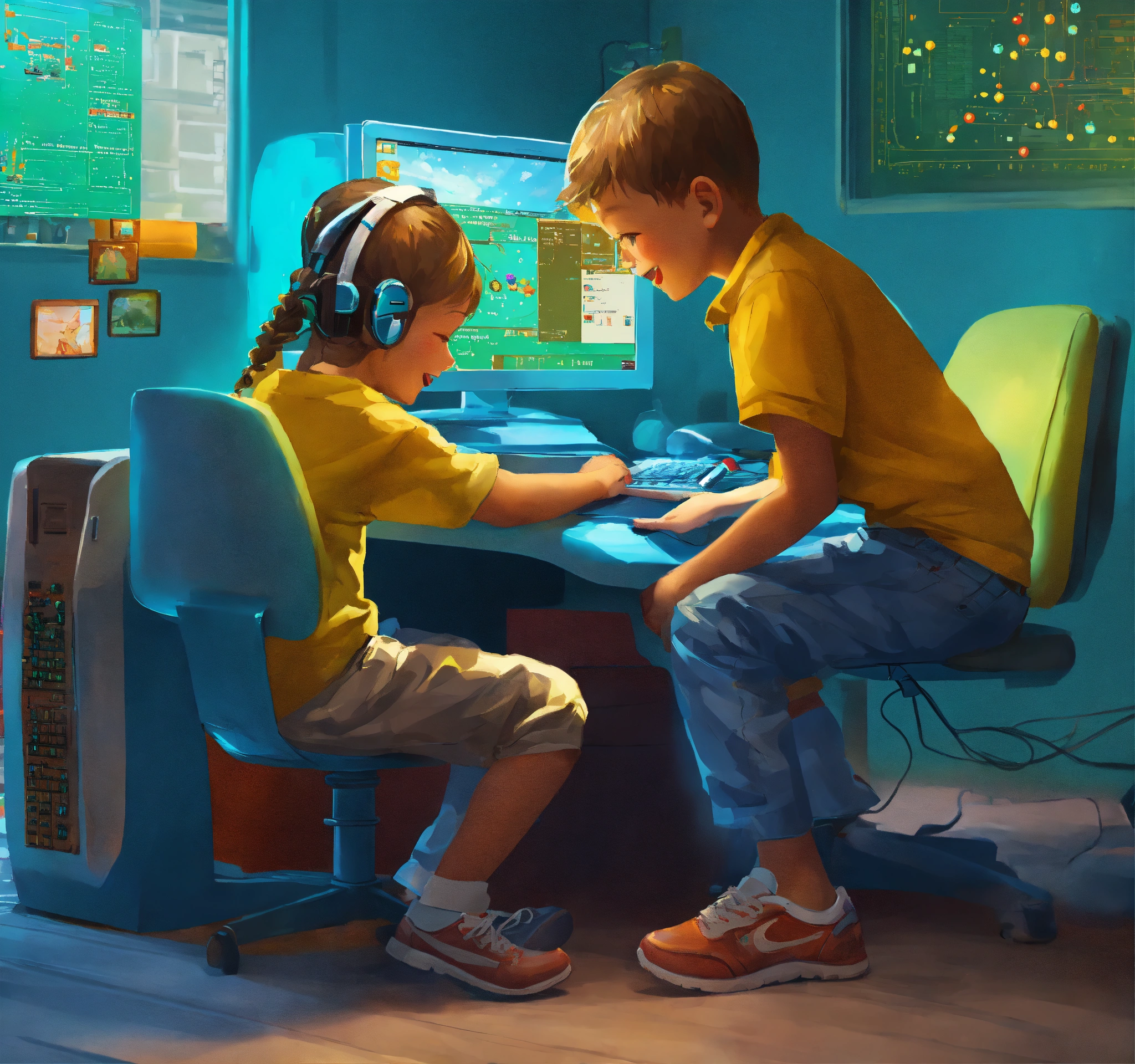 Lexica - Cyan background, Russian children playing computer games ...