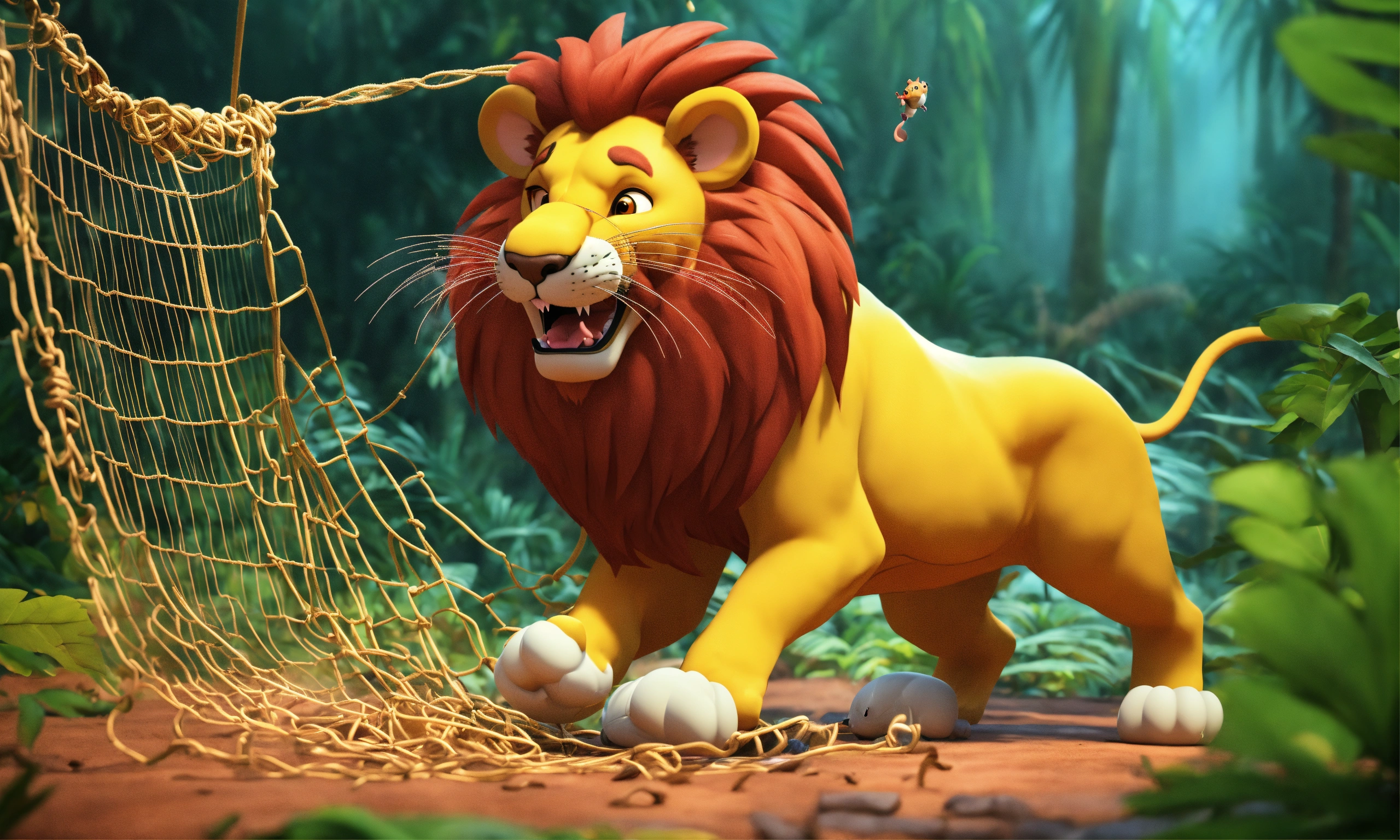 Lexica - 3d cartoon style, in a jungle when big lion trapped in net a ...