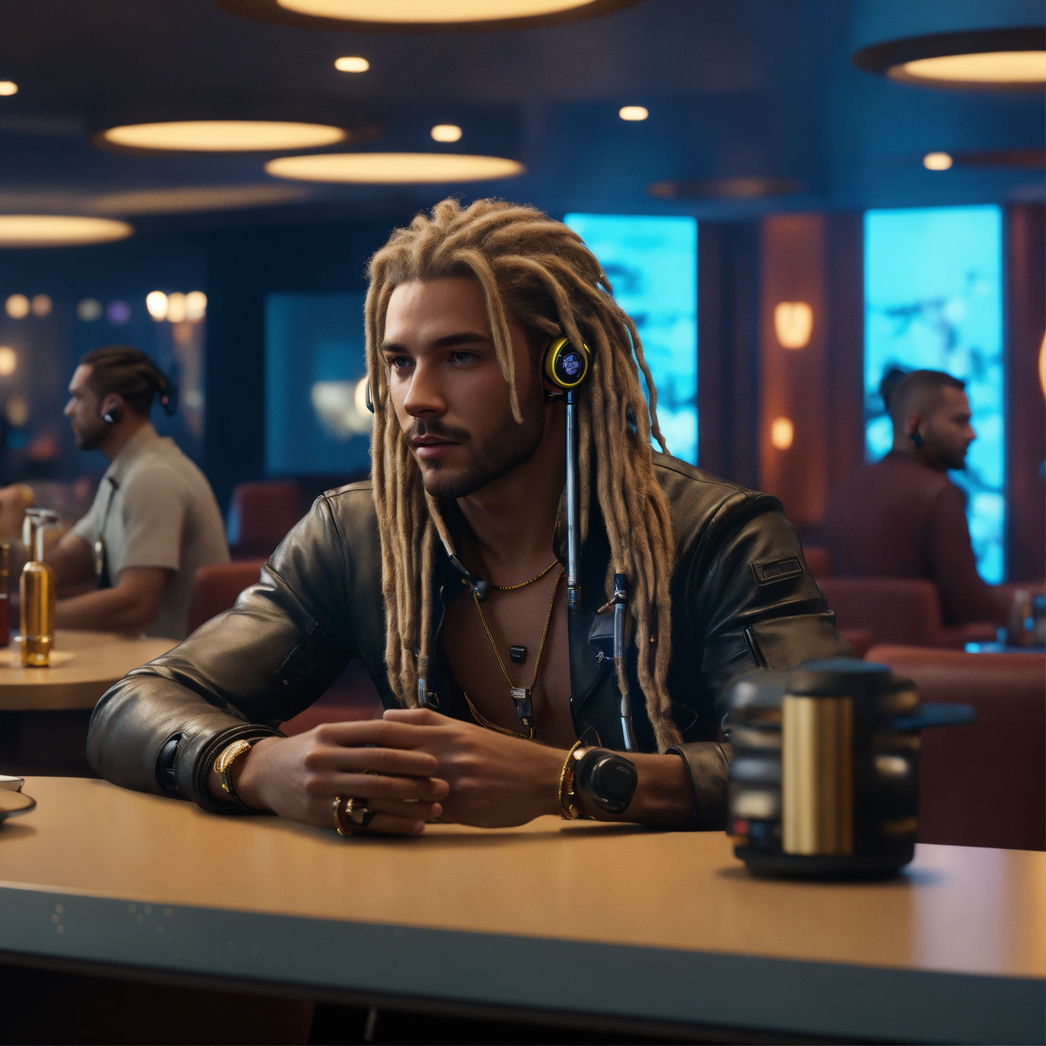 Lexica - Zoom out on a scruffy blonde dreadlock male rockstar wearing ...