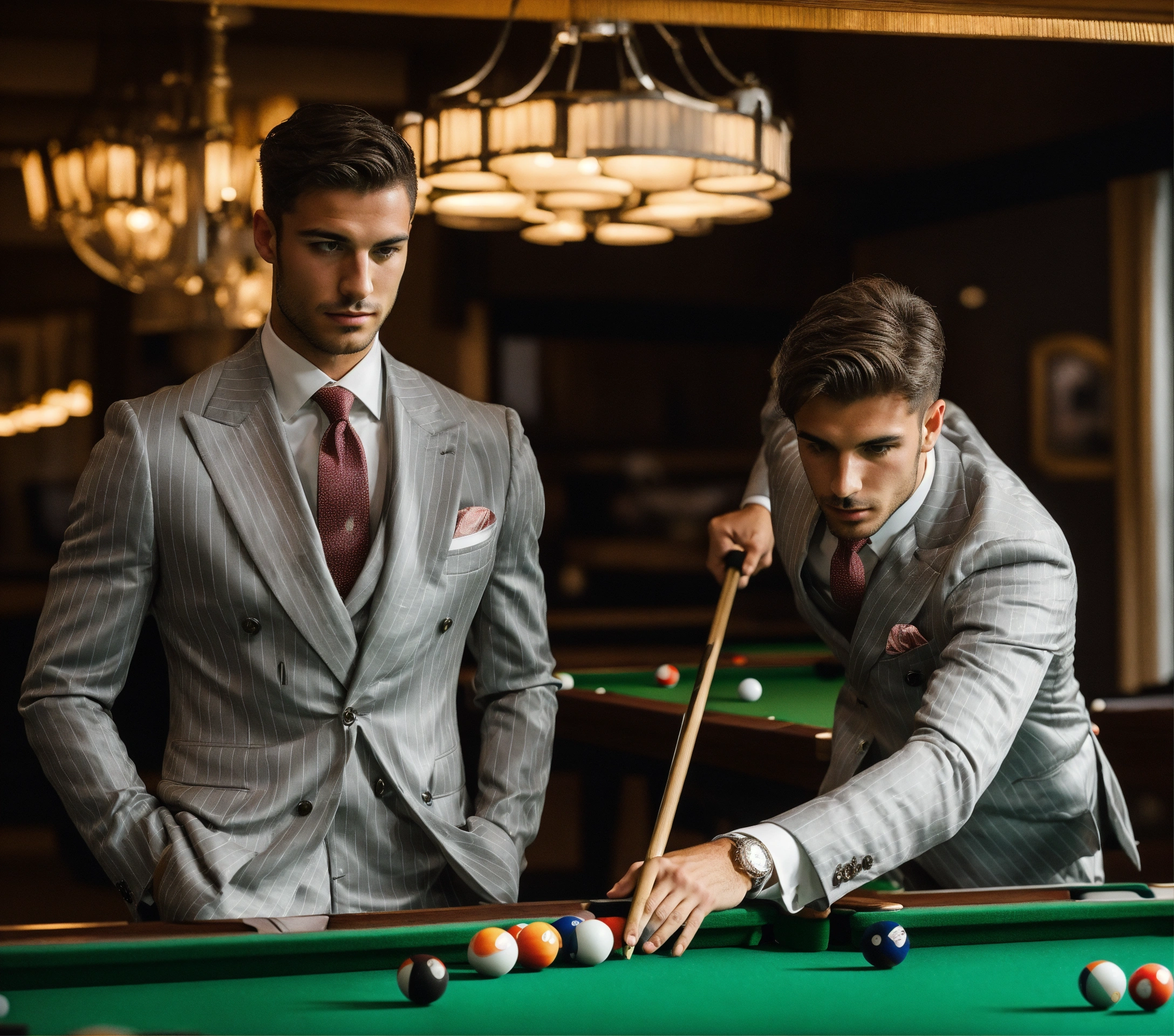 Lexica - Two young Italian male sportsmen in light grey satin pinstripe ...
