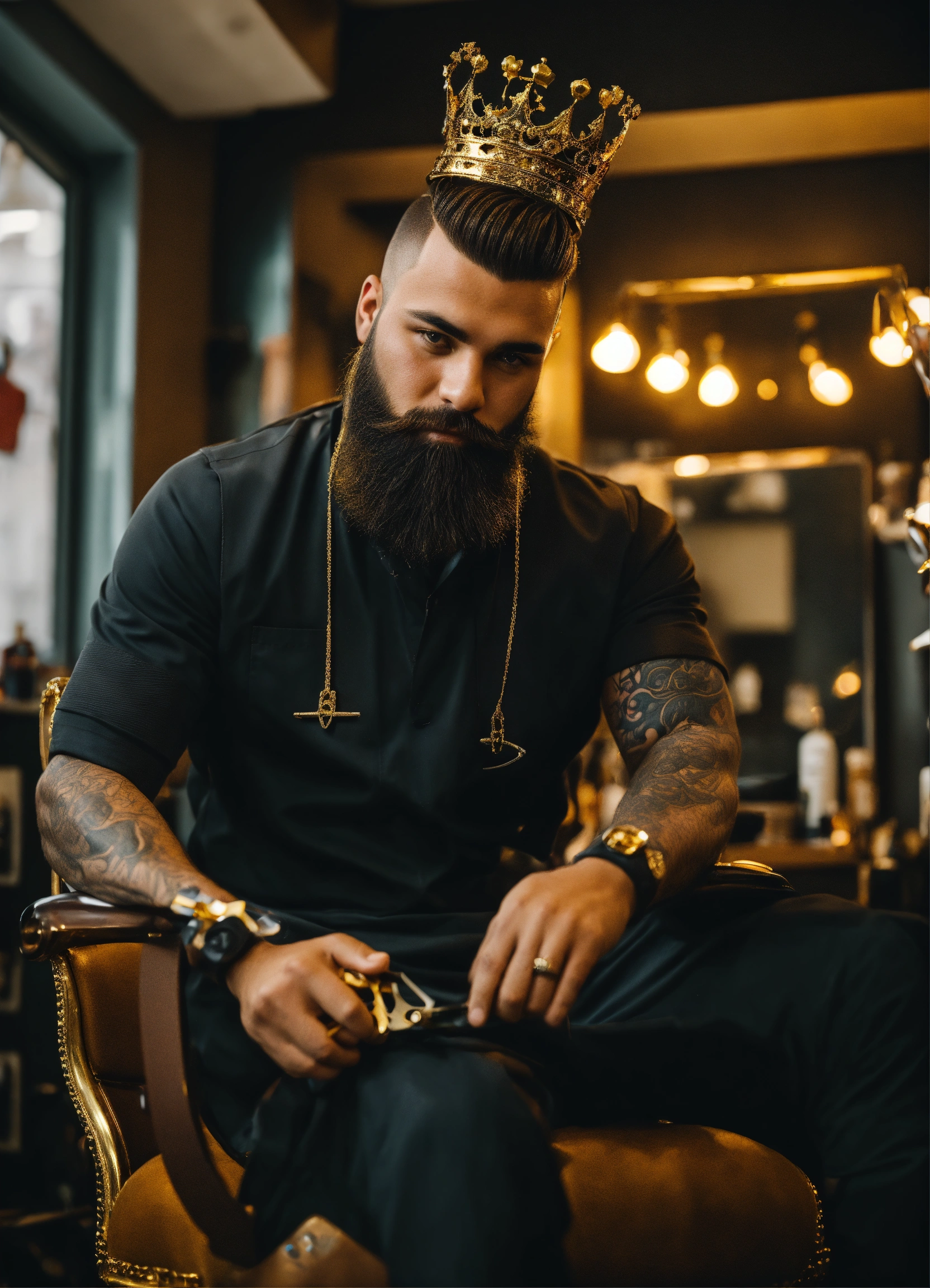Lexica - A cool barberman with golden scissor and golden crown over his ...