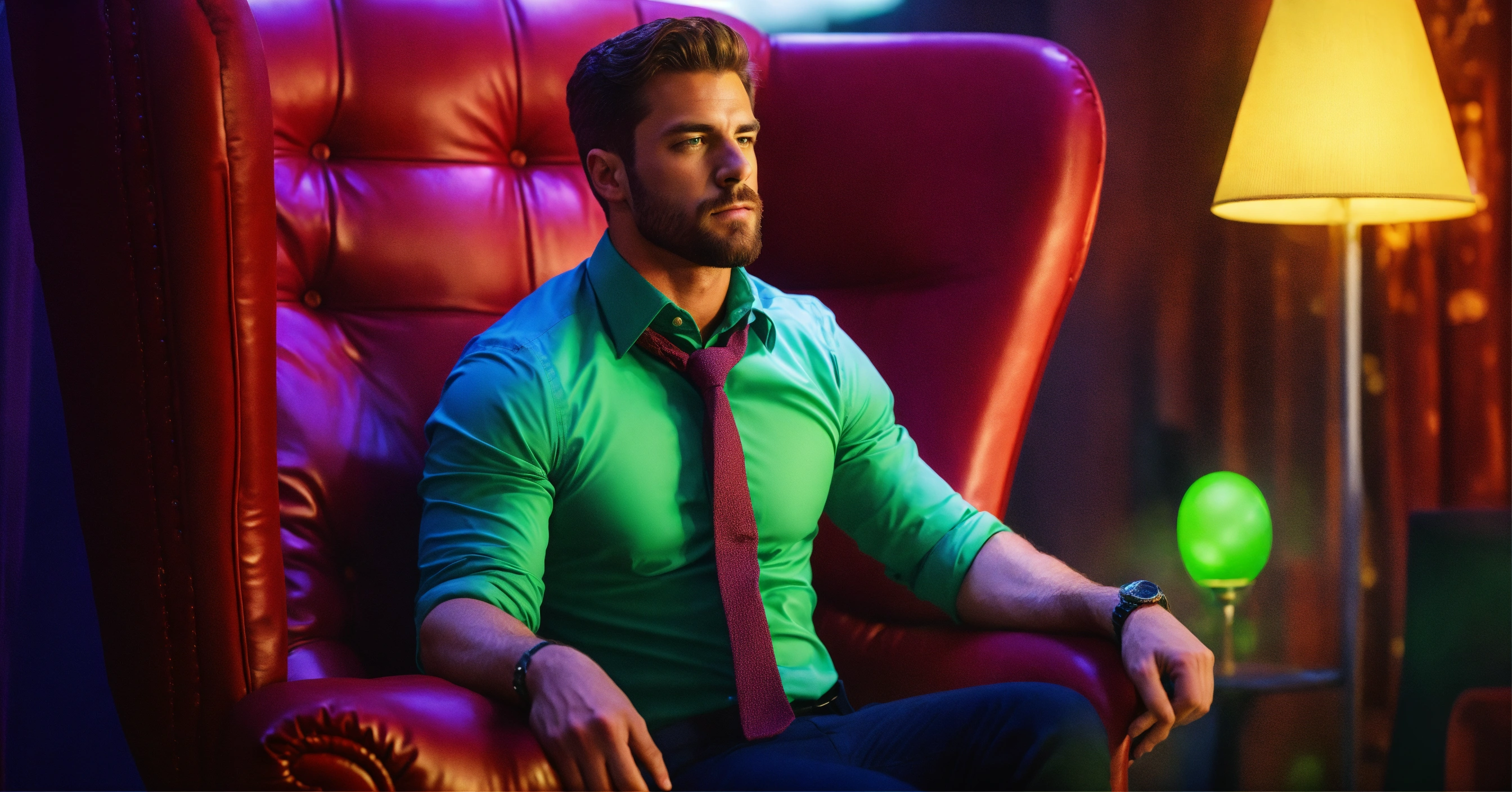 Lexica - A handsome well built man, shirt buttons undone, sitting in ...